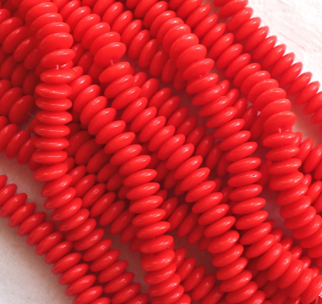 Lot of 50 6mm Czech Glass Rondelle Beads, Opaque Bright Red Flat ...