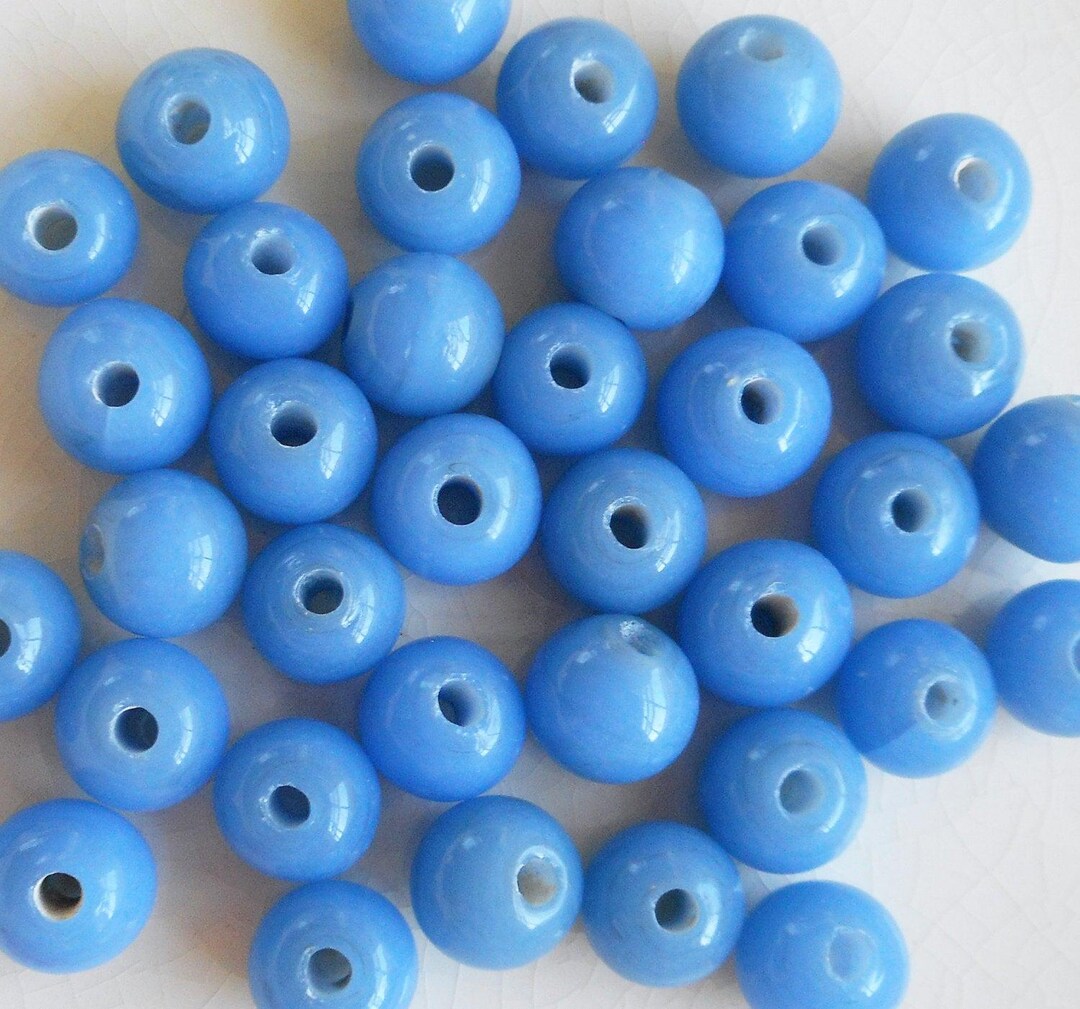 Ten 12mm Opaque Sky Blue Big Large Hole Glass Beads With 3mm Holes ...