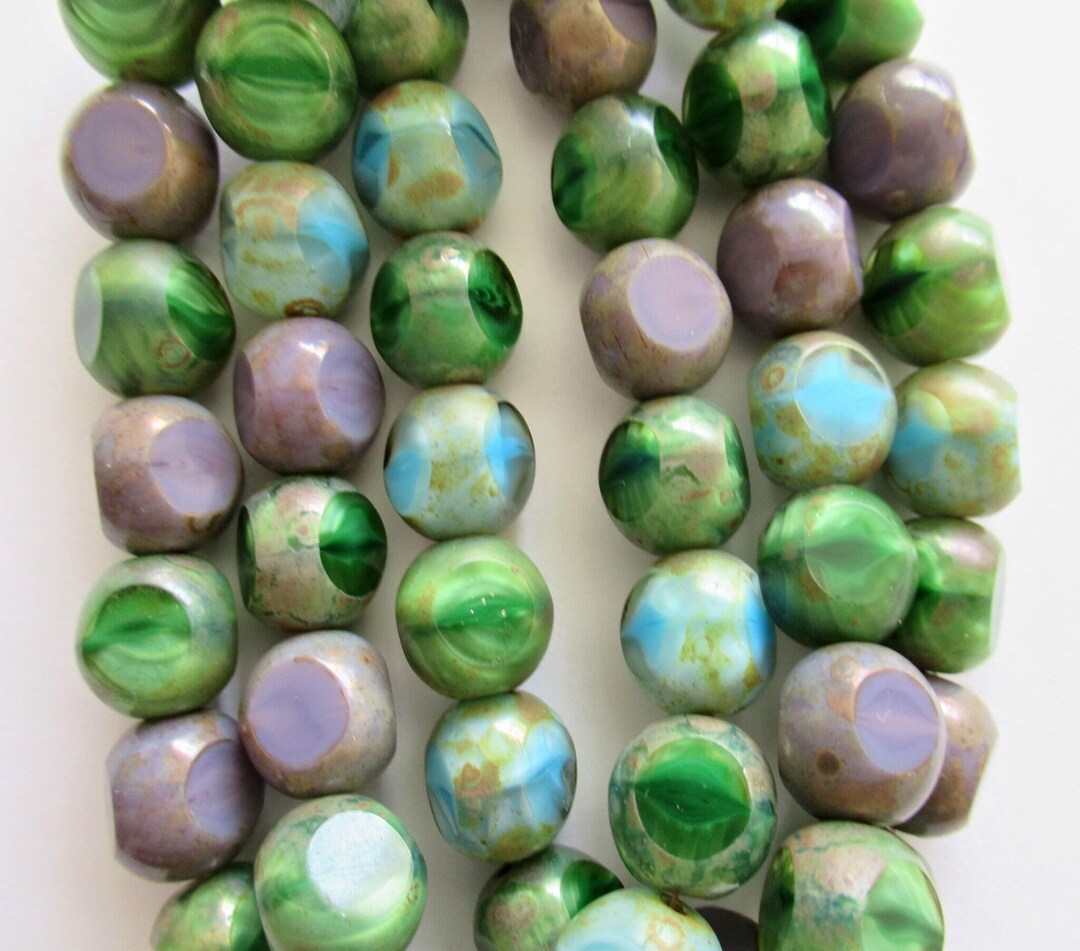 Twenty 12mm Czech Glass Beads - Table Cut Tri-cut Opaque Blue Green ...
