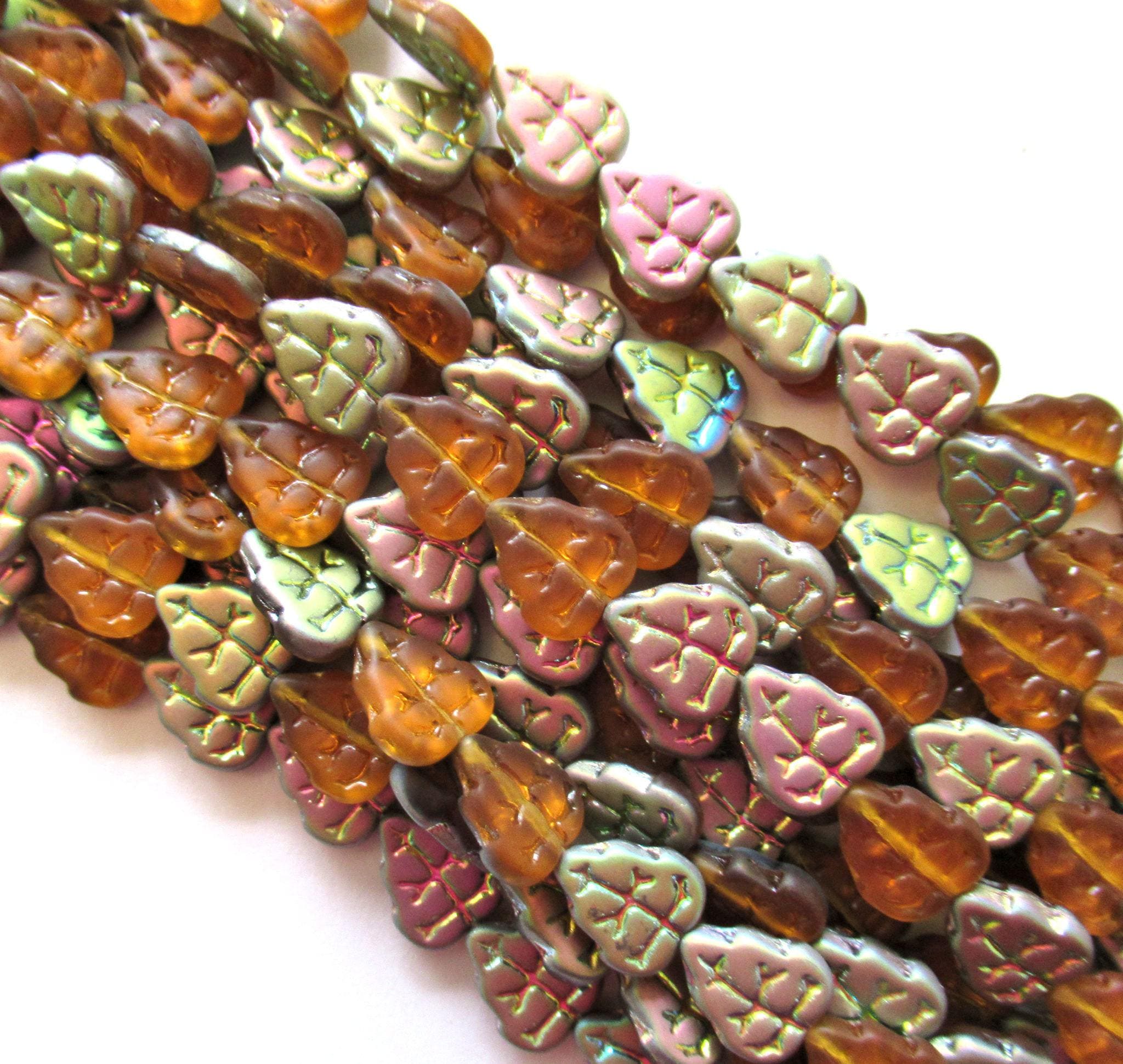 Lot of 25 Czech Glass Leaf Beads - Darktopaz AB - Center Drilled 8 X ...