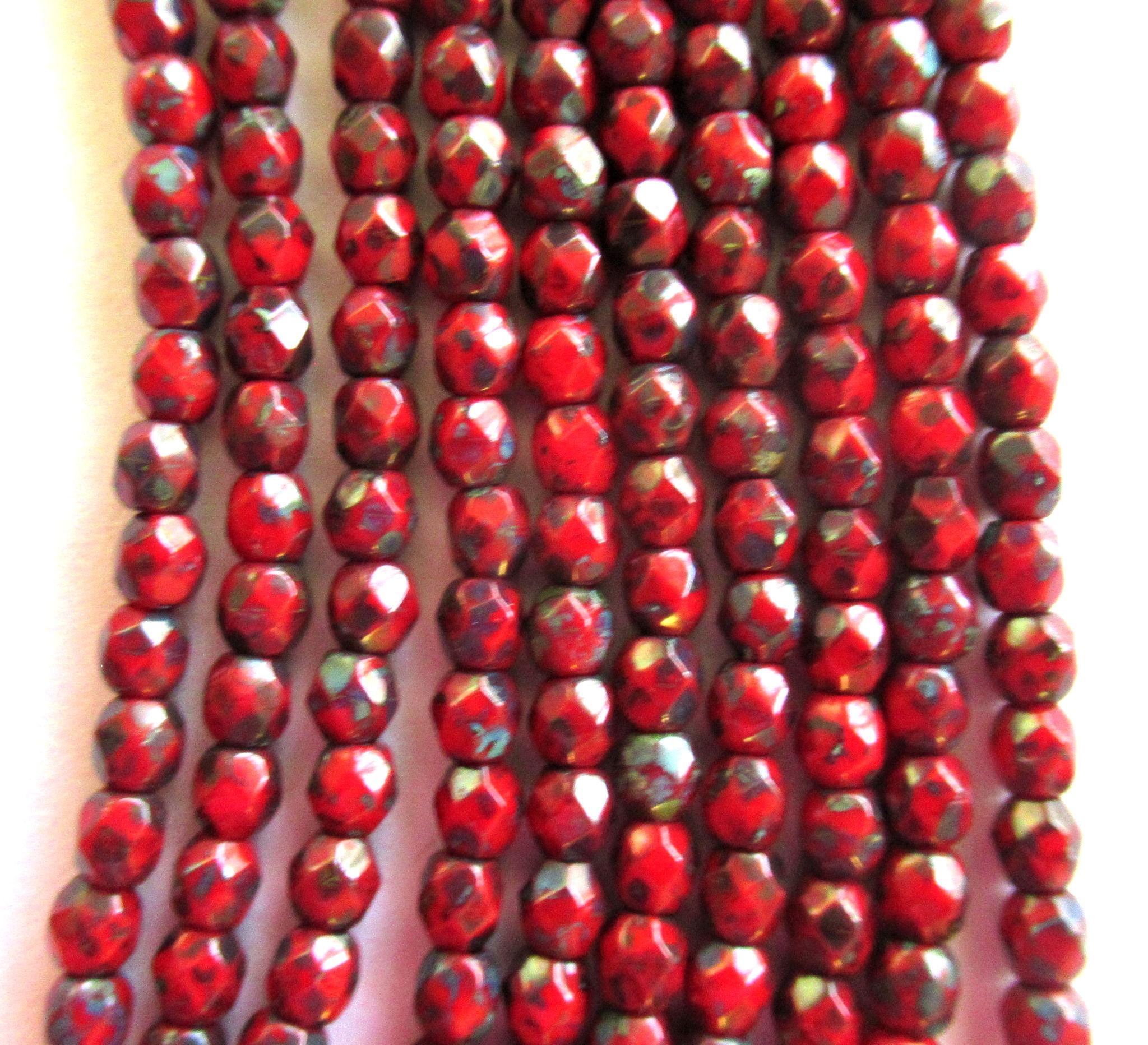 50 3mm Czech Opaque Red Picasso Glass Beads, Round Faceted Firepolished ...