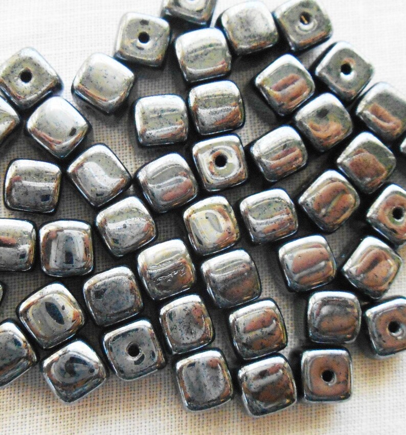 Lot of 25 Hematite Metallic Look Cube Beads, 5 X 7mm Czech Glass Beads ...
