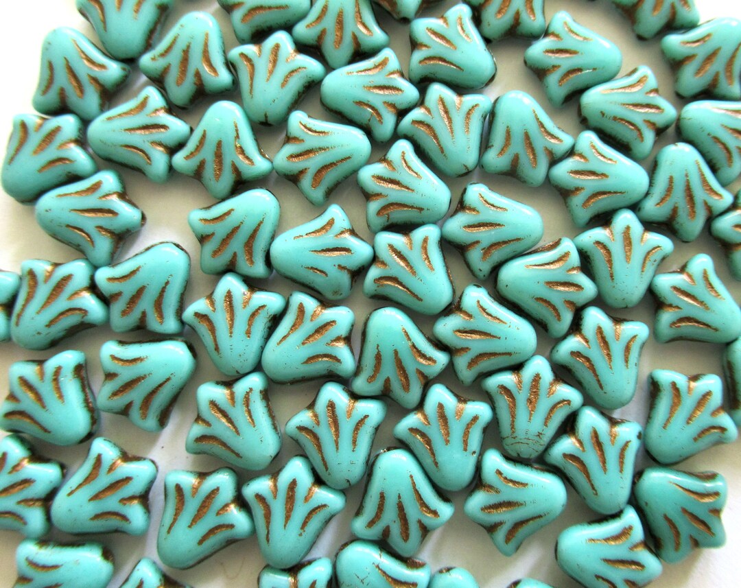 Lot of 25 8.5mm Czech Glass Flower Beads - Turquoise Green W/ Bronze ...