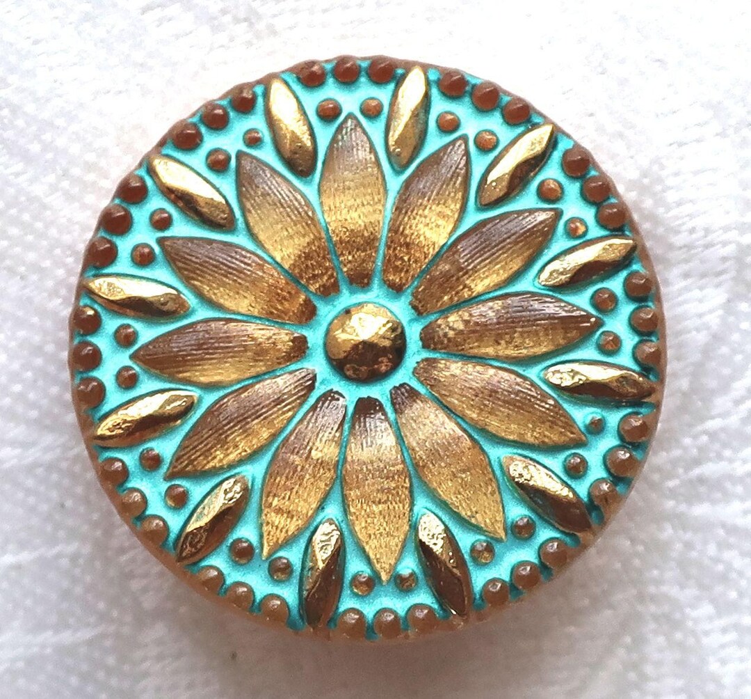One Czech Glass Button , 30mm Gold Flower Button With Gold Accents and ...