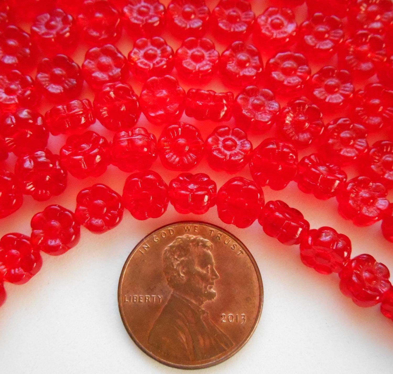 25 6mm Siam Red Czech Glass Flower Beads, Pressed Glass Red Flower ...