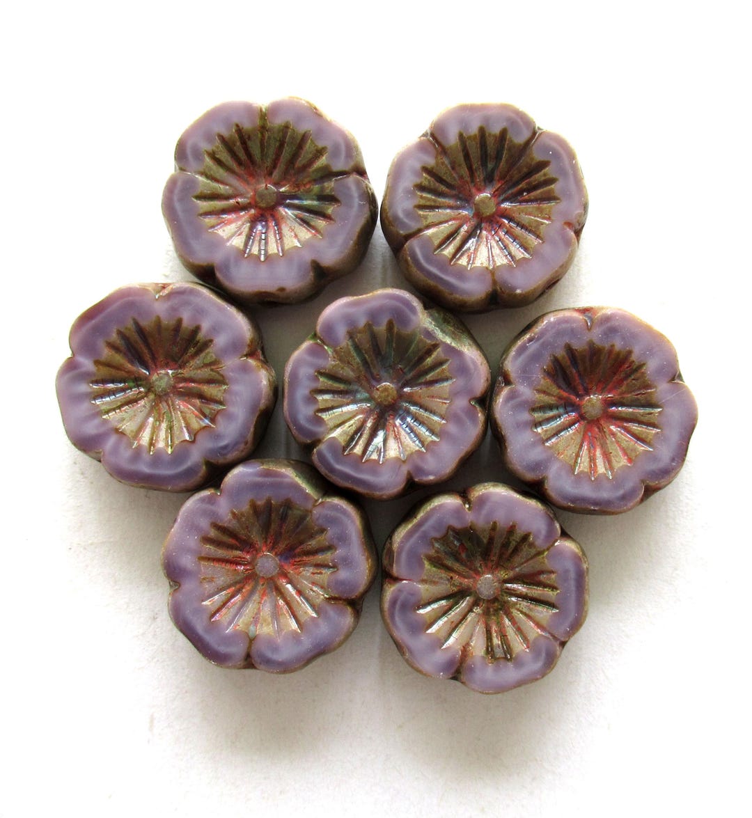 Six 14mm Czech Glass Flower Beads - Opaque Purple Lavender or Lilac ...