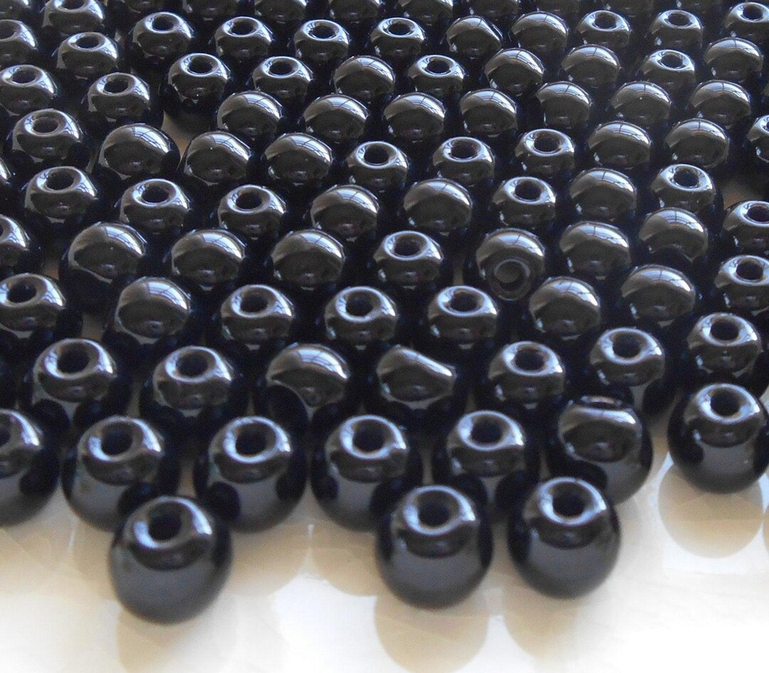 25 8mm Czech Glass Big Hole Beads, Jet Black Smooth Round Druk Beads ...