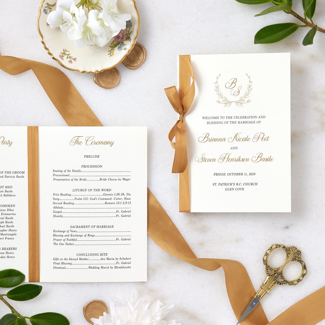 Wedding Program With Gold Silk Ribbon - Ivory Folding Program With Gold ...