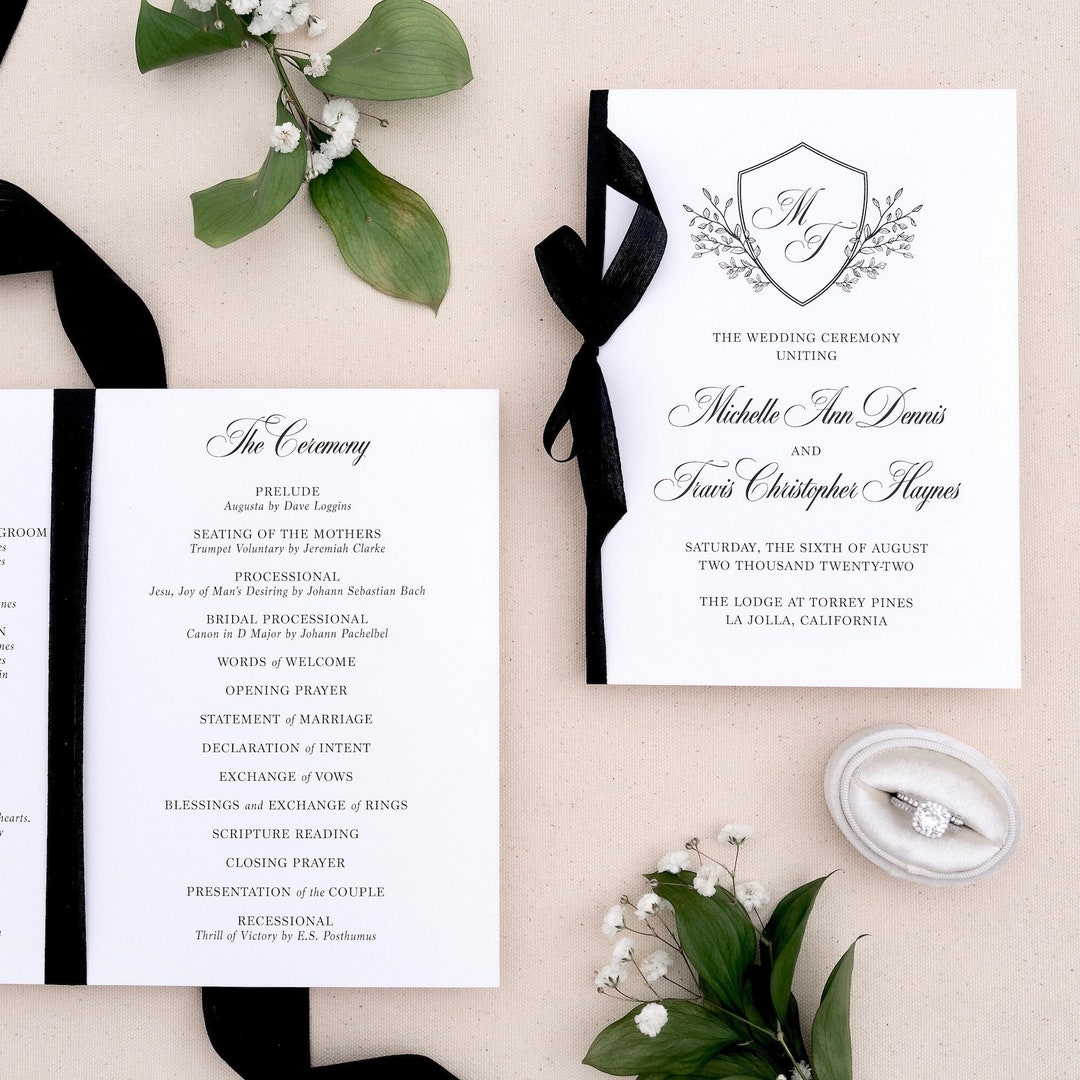 Wedding Program With Black Silk Ribbon - White Folding Program With ...