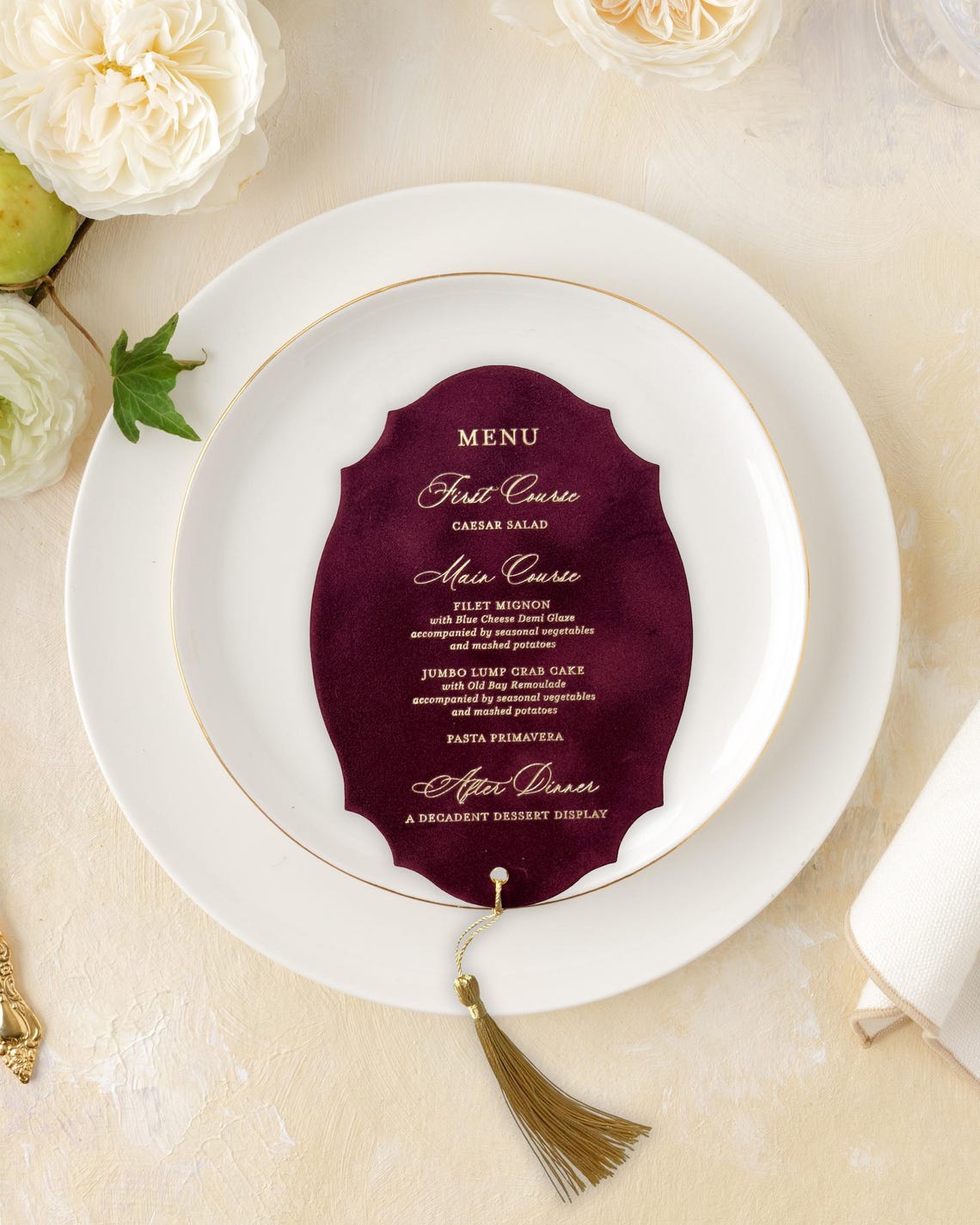 Velvet Menu With Gold Foil and Tassel - Fancy Oval Shape - Die Cut ...
