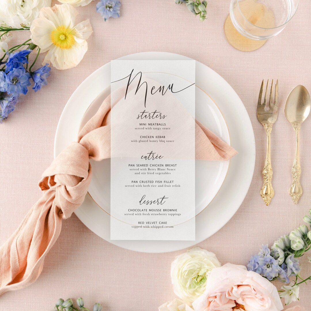 Vellum Wedding Menu - Black or White Ink on Translucent Vellum Paper ...