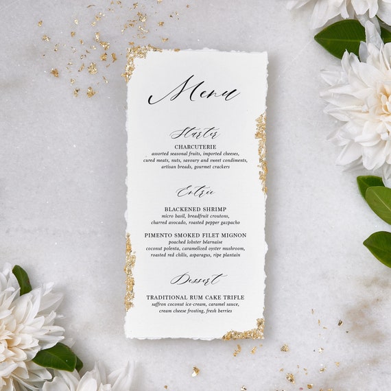 Hand Torn Deckled Edge Wedding Menu With Gold Leaf Accents | Etsy
