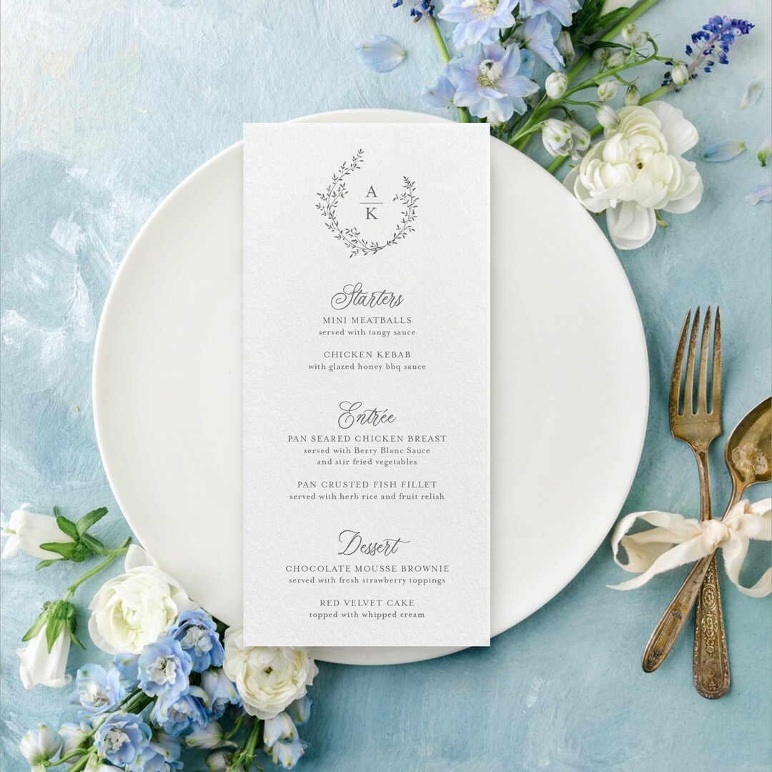 Leafy Wreath Monogram Wedding Menu - Digitally Printed Menu on Cotton ...