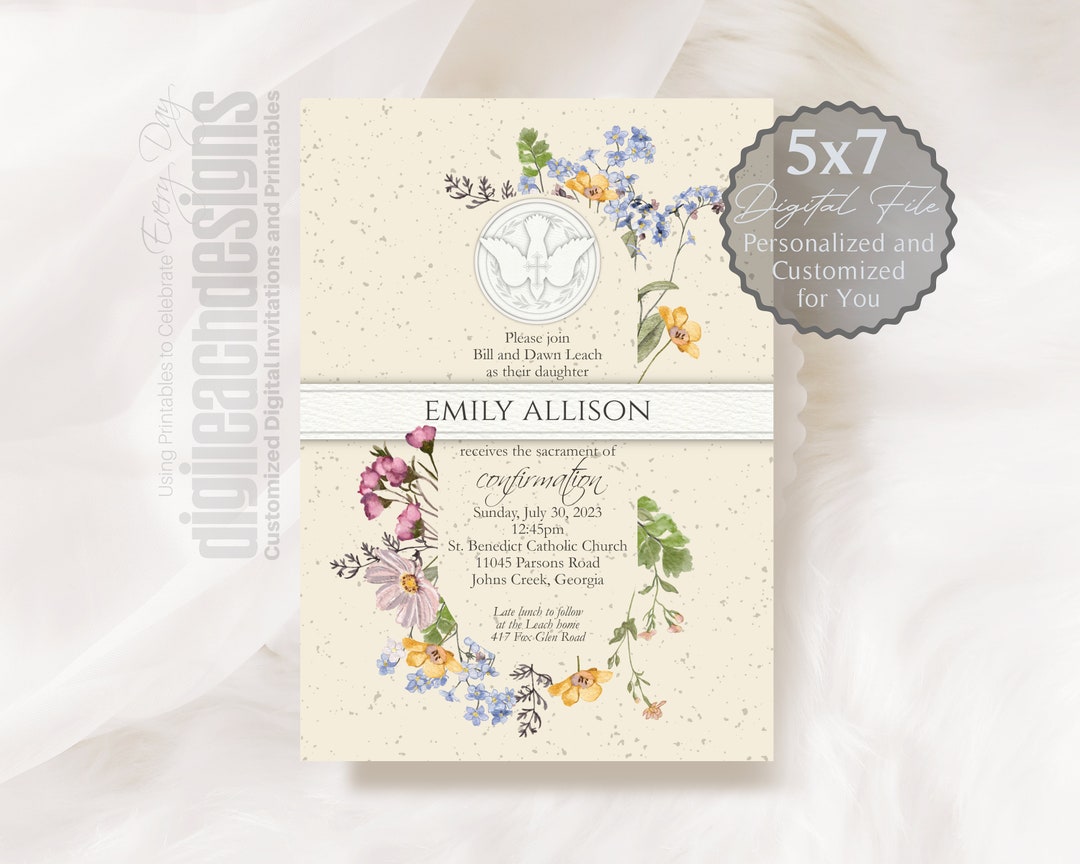 Confirmation Invitation Girl Catholic Sacrament Oval Wreath Wildflowers ...