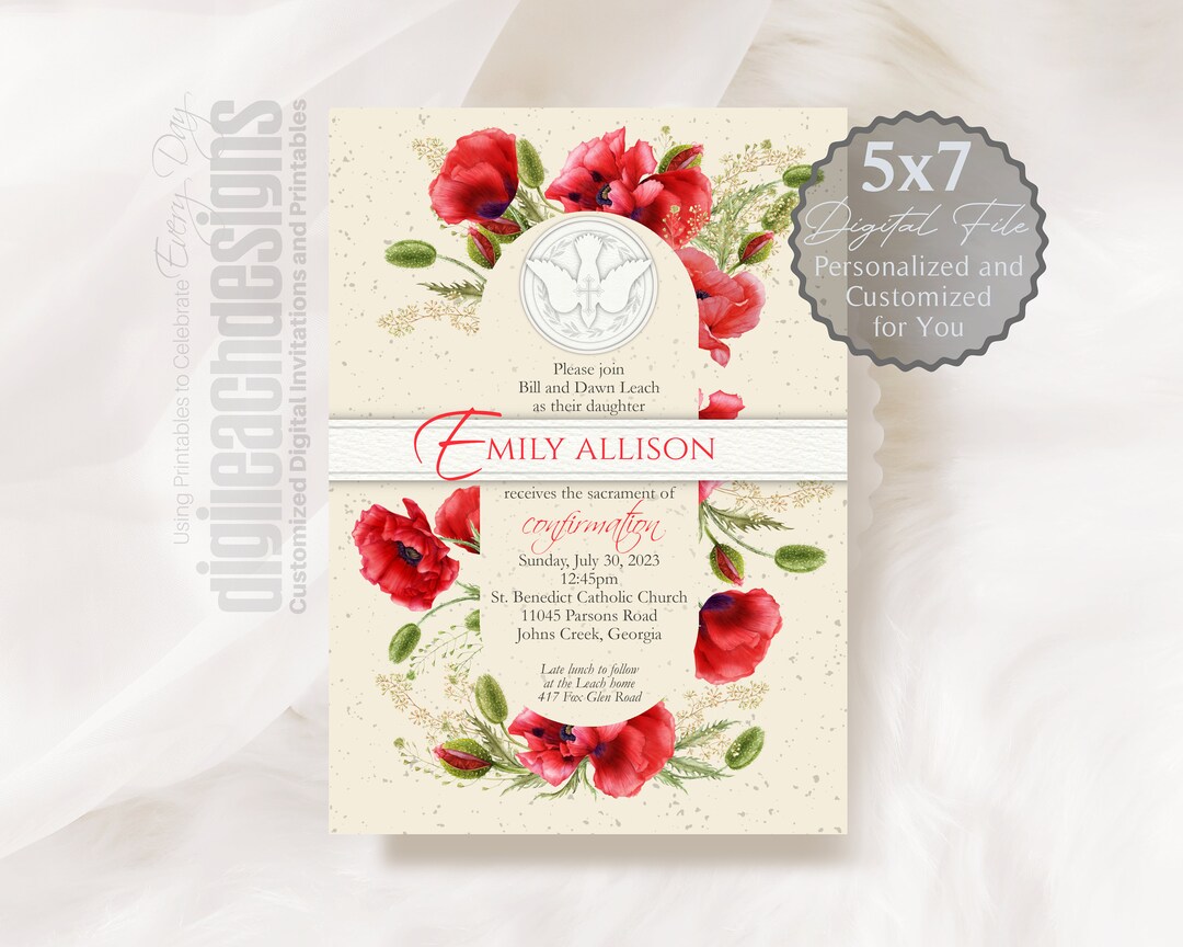 Confirmation Invitation Girl Catholic Sacrament Oval Wreath Red Poppies ...
