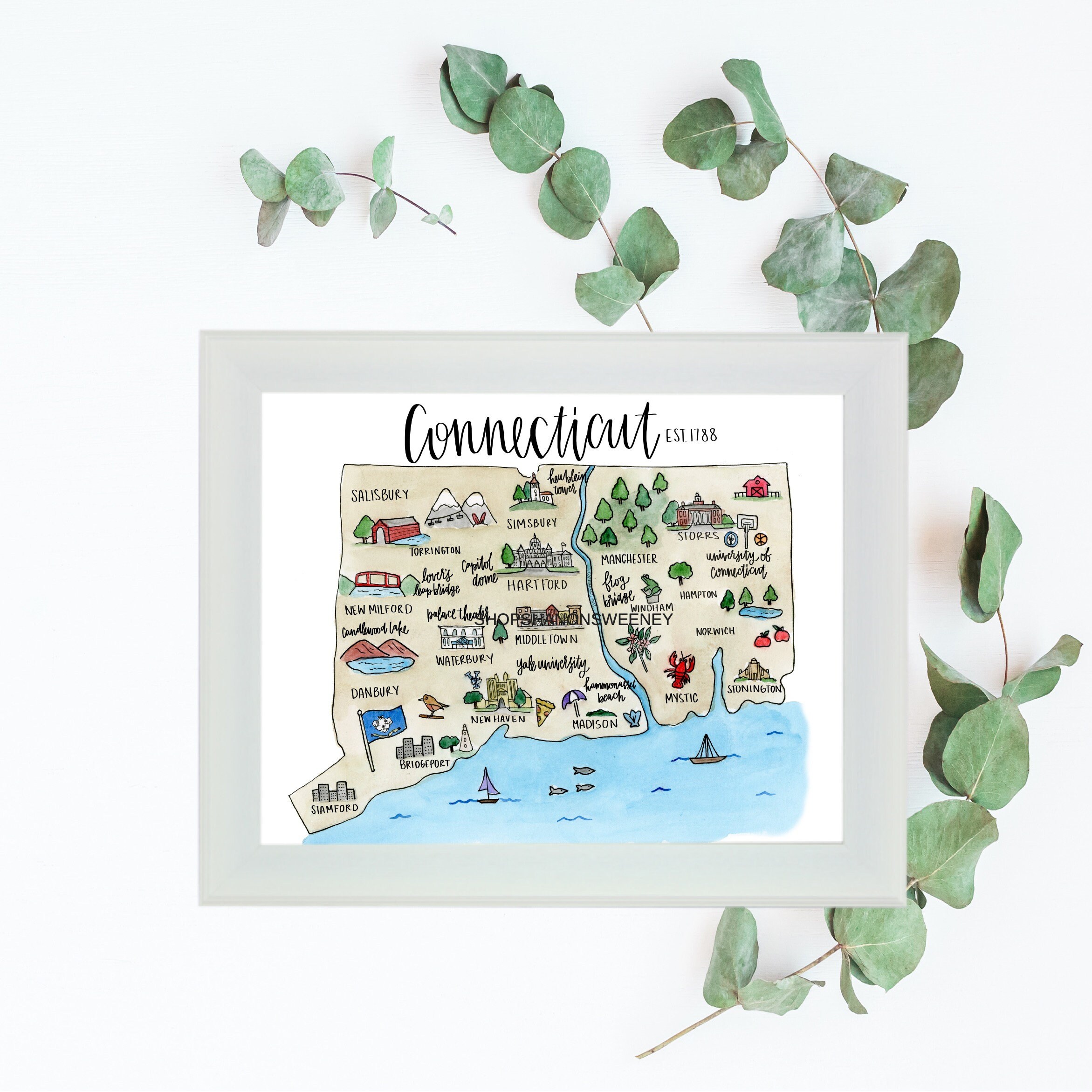 Connecticut State Illustrated Watercolor Map-digital Print | Etsy