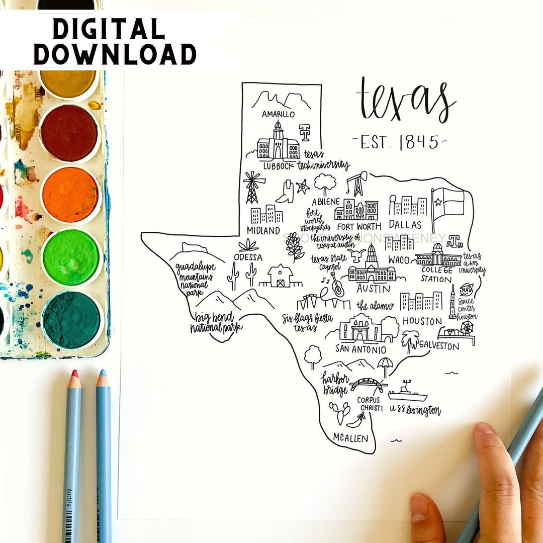 State of Texas Coloring Page DIGITAL DOWNLOAD- Digital Coloring Page ...