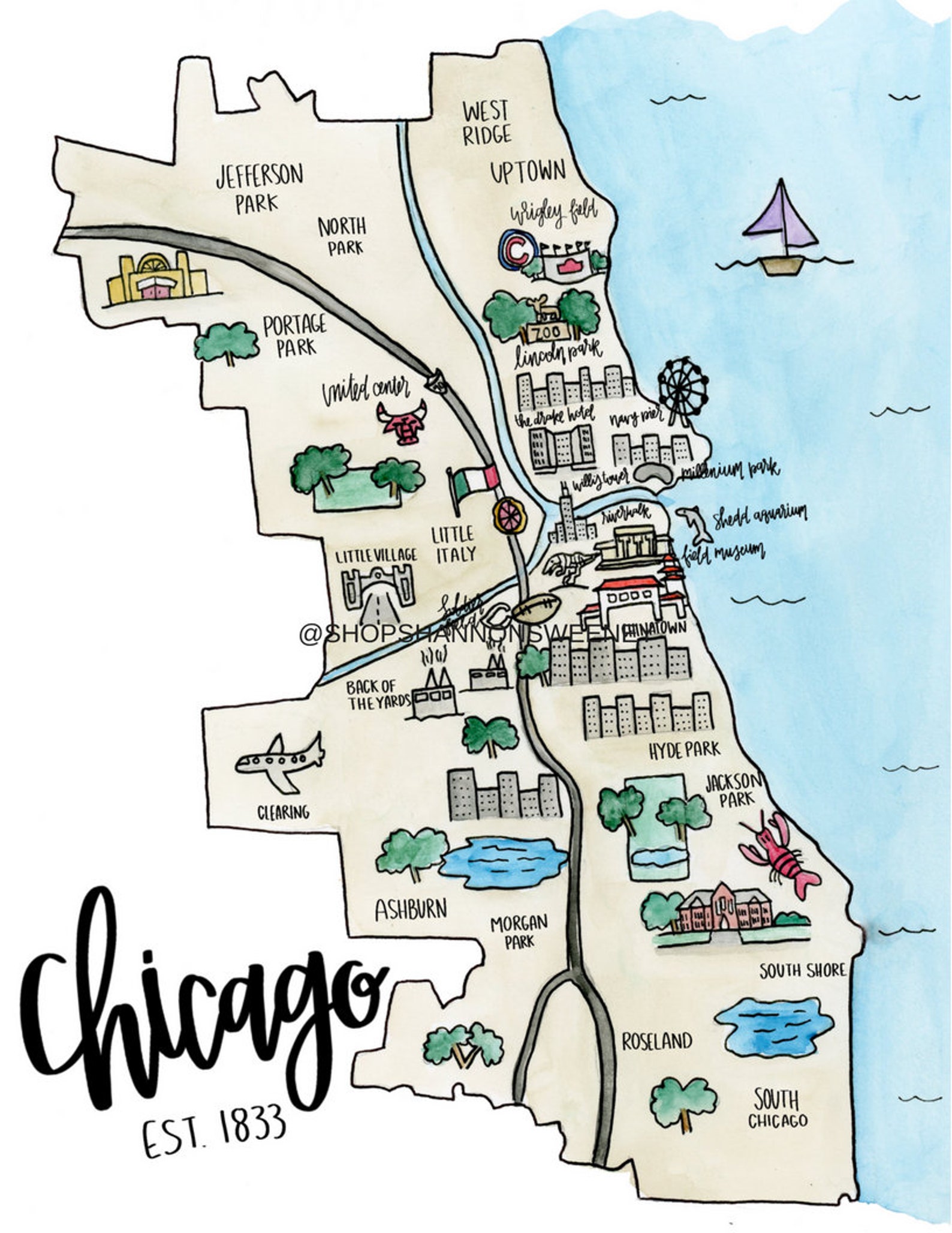 Chicago Illustrated MapFREE SHIPPING Chi Town Chicago | Etsy