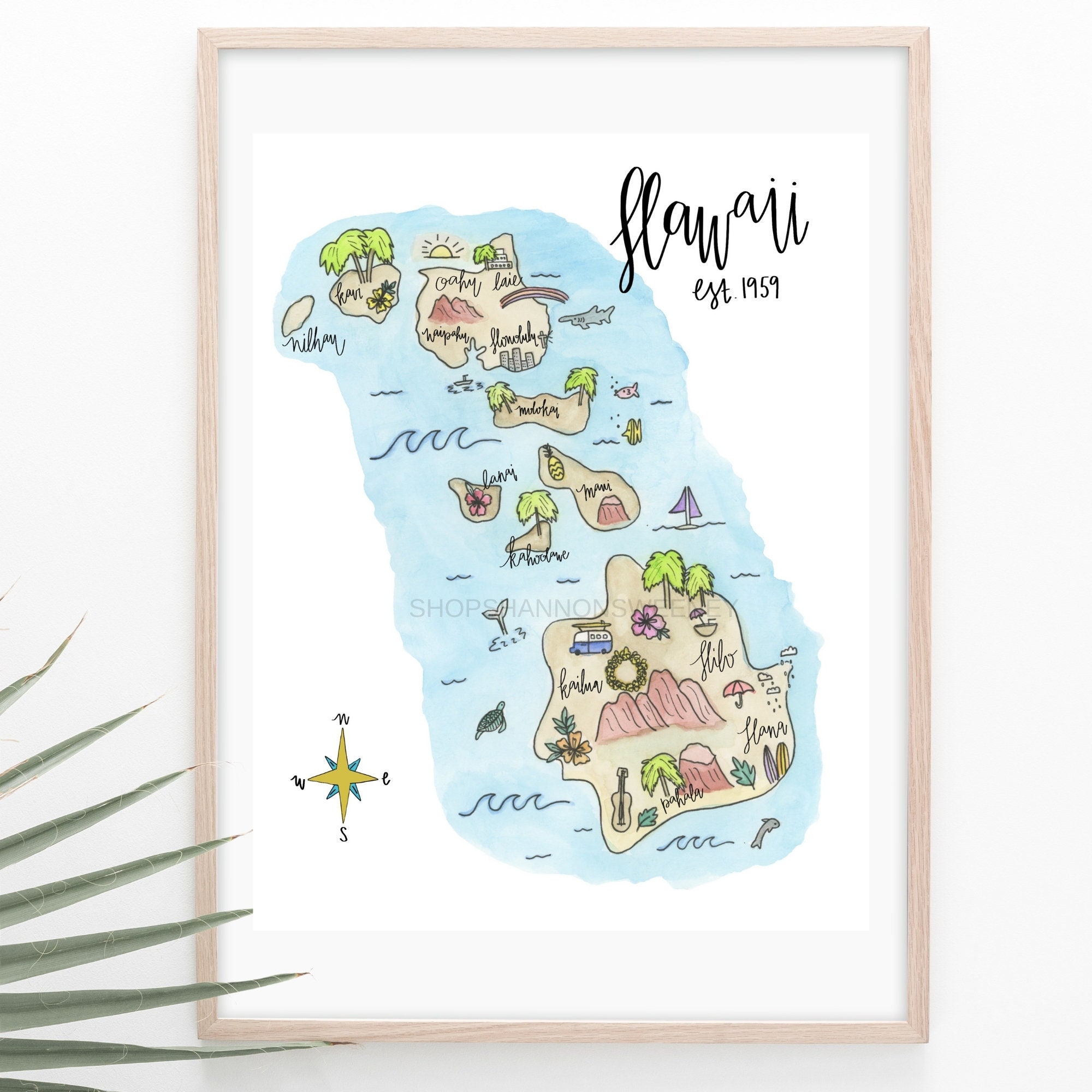 Watercolor Print Hawaii State Map FREE SHIPPING Illustrated - Etsy