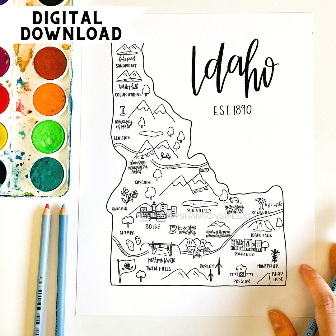 State of Idaho Coloring Page DIGITAL DOWNLOAD- Idaho Illustrated Map ...