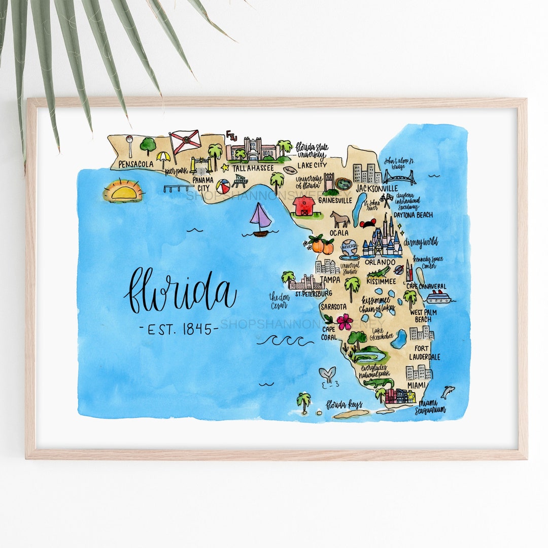 Florida Watercolor Illustrated Map Print +free Shipping- Florida ...