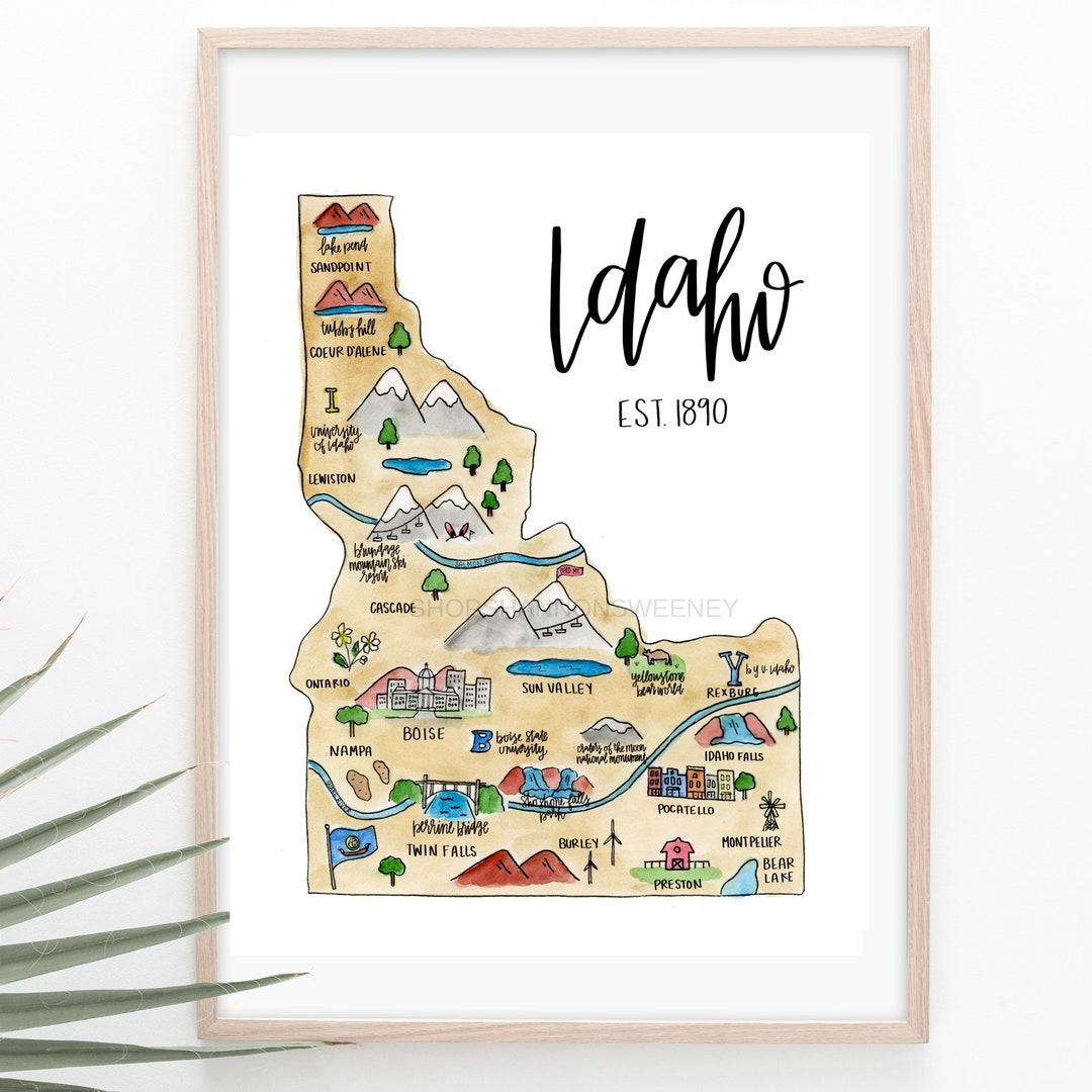 Idaho State Illustrated Map Digital Print+ FREE SHIPPING - Watercolor Idaho Map, Idaho ...