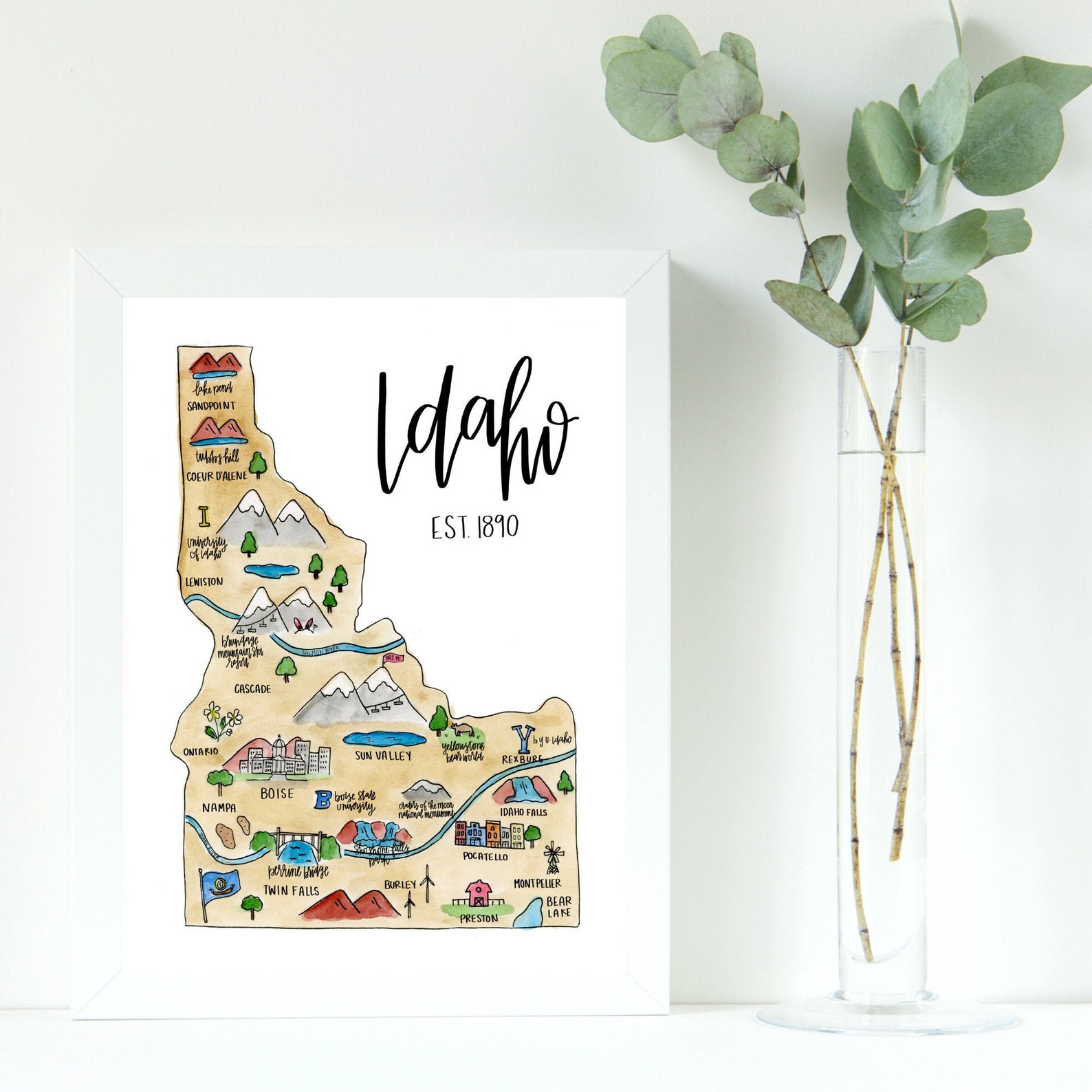 Idaho State Illustrated Map Digital Print+ FREE SHIPPING - Watercolor ...
