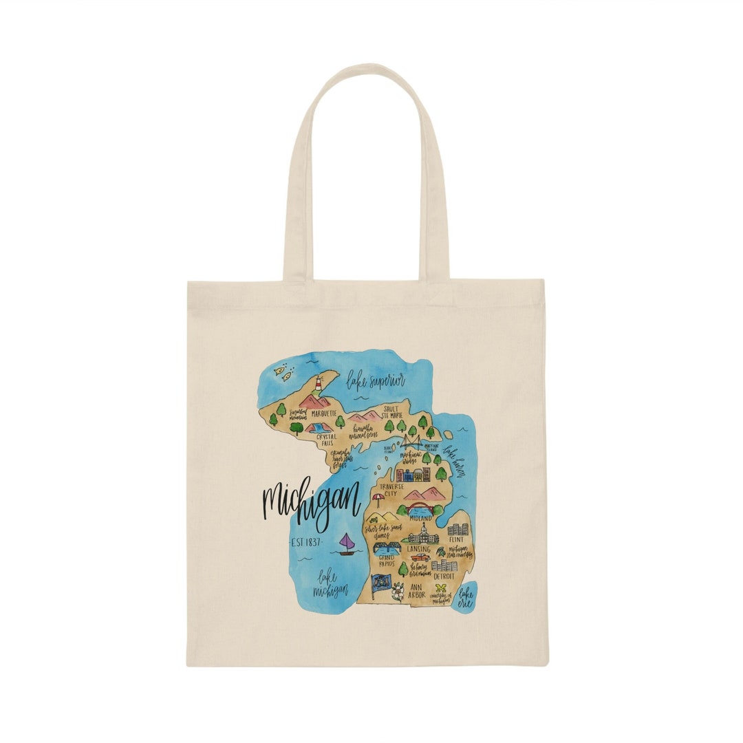 Watercolor Michigan Map Tote Bag+ FREE SHIPPING- Michigan Illustrated ...