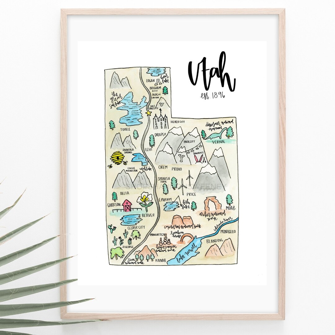 Watercolor Map of Utah Digital Print+ FREE SHIPPING Utah Map, Utah ...