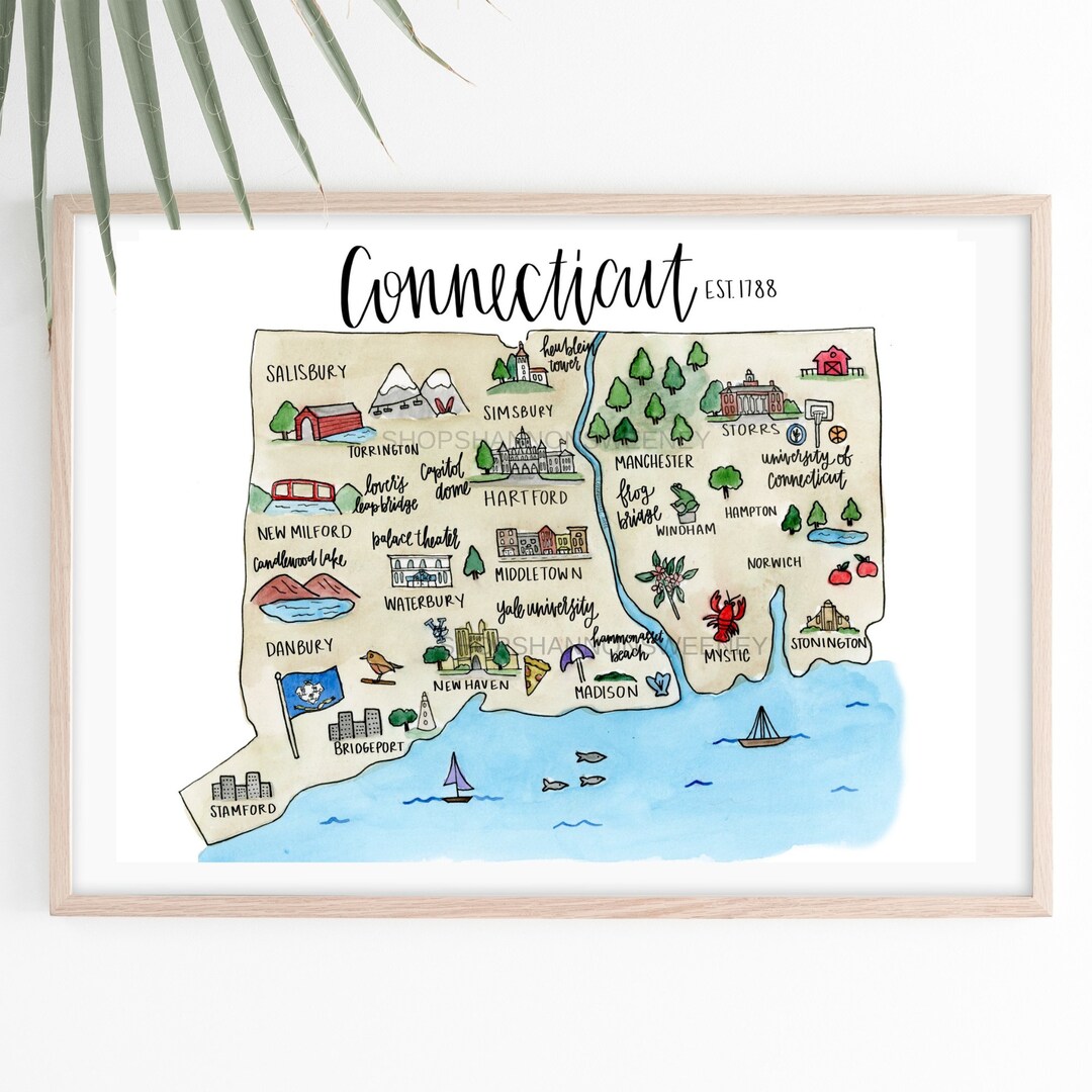 Connecticut State Illustrated Watercolor Map-digital Print, State Map ...
