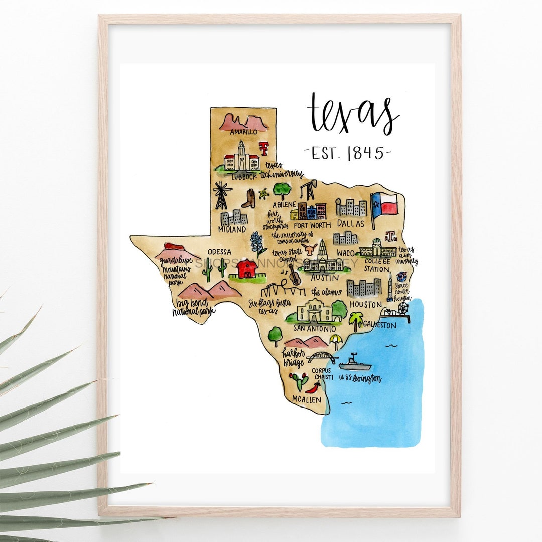 Texas State Illustrated Map Digital Print+ FREE SHIPPING - Watercolor ...