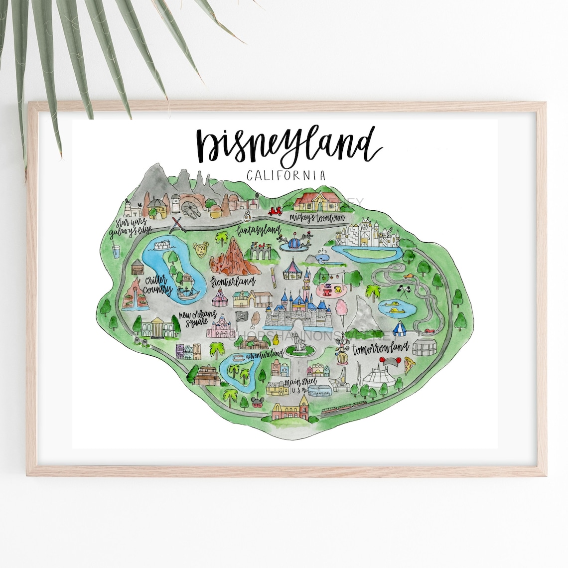 UPDATED Disneyland Illustrated Watercolor Map Print With Galaxy's Edge ...