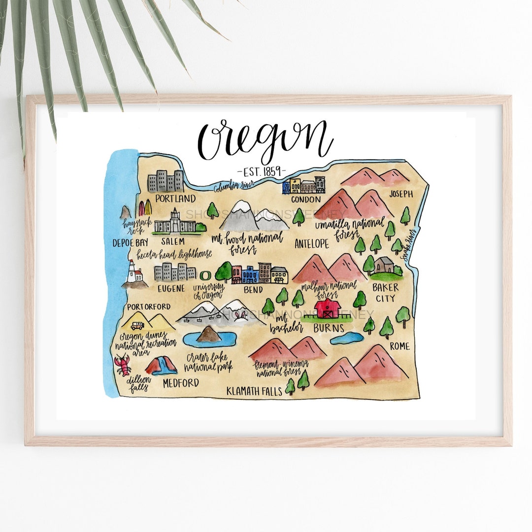 Oregon State Watercolor Illustrated Map+free SHIPPING, Oregon Watercolor Map, Oregon ...