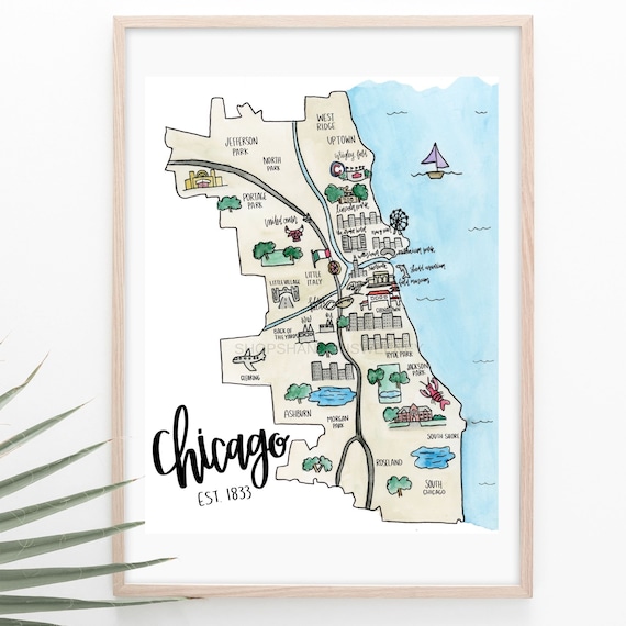 Chicago Illustrated Mapfree SHIPPING Chi Town Chicago - Etsy