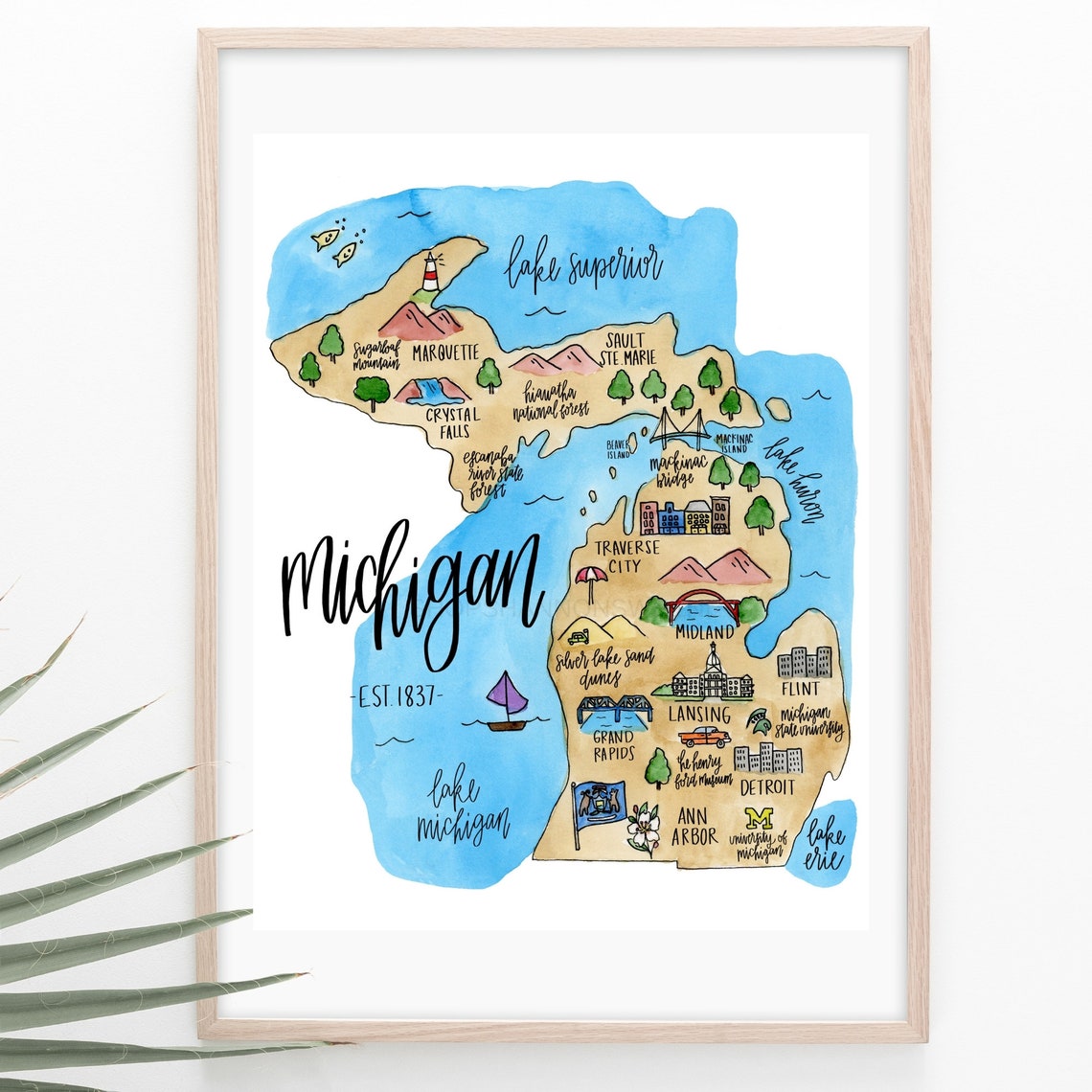 Michigan Illustrated Watercolor State Map Print+ FREE SHIPPING ...