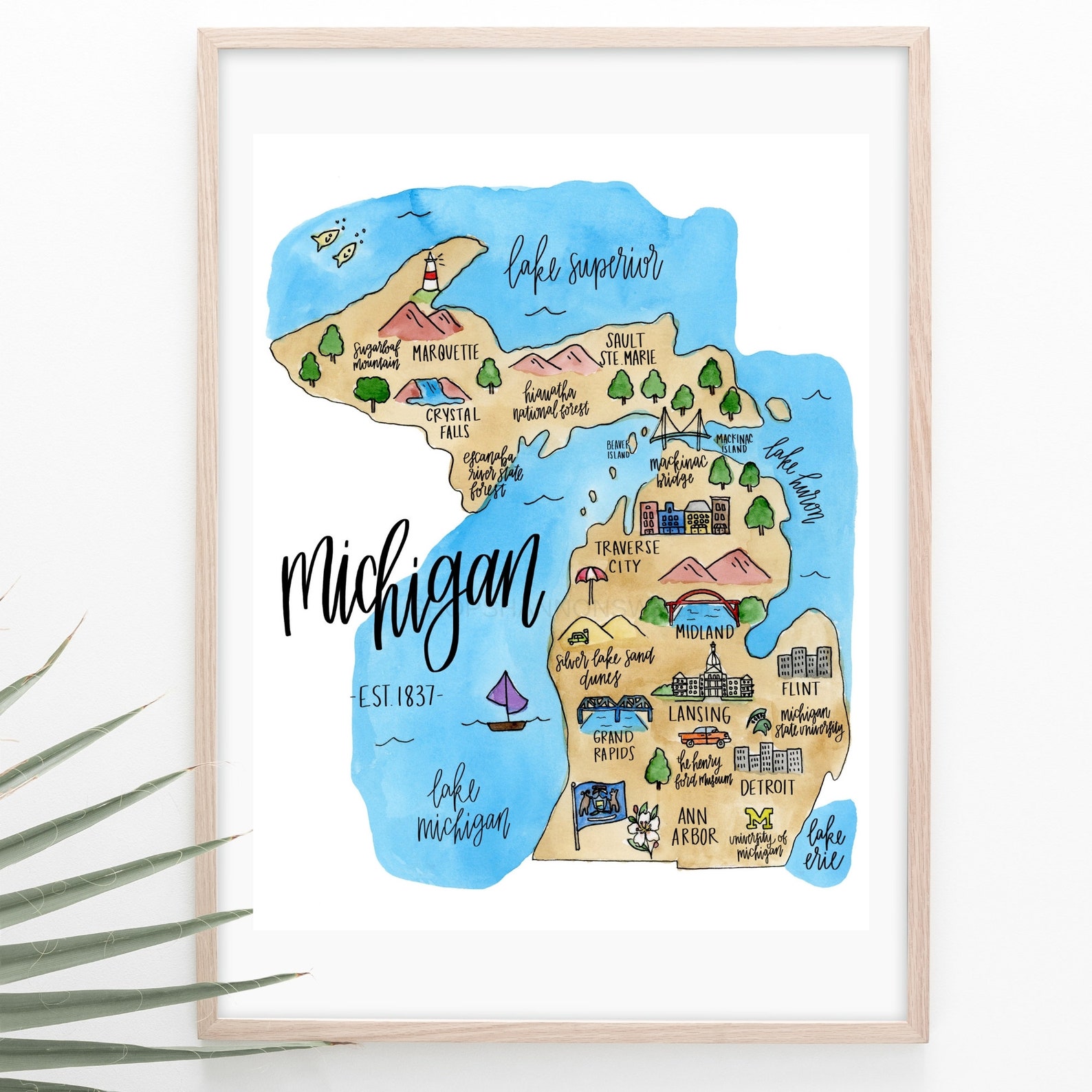 Michigan Illustrated Watercolor State Map Print+ FREE SHIPPING ...