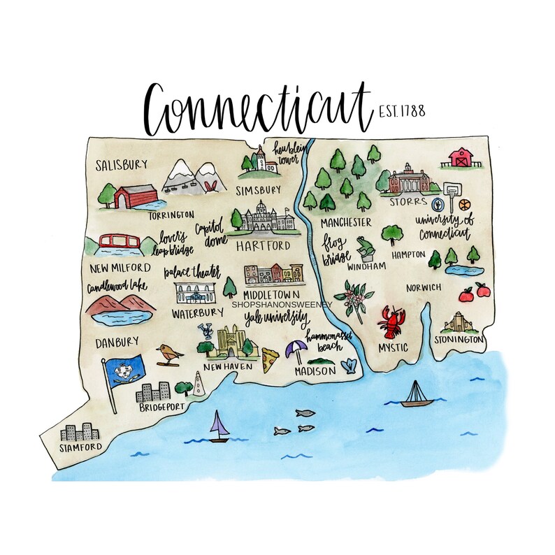 Connecticut State Illustrated Watercolor Map-digital Print - Etsy