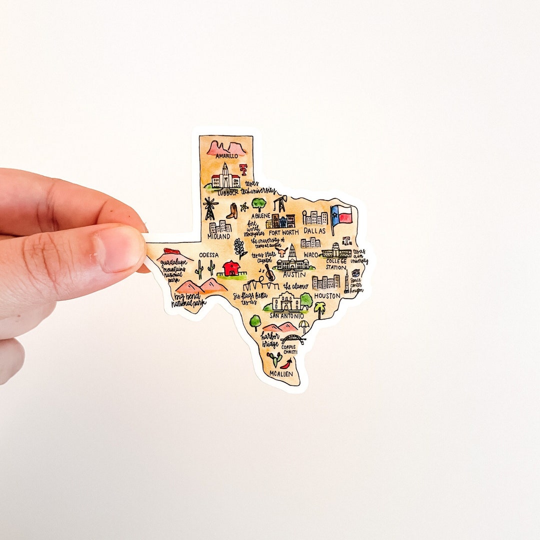Texas State Illustrated Map Sticker- Laptop Sticker, Watercolor Sticker ...