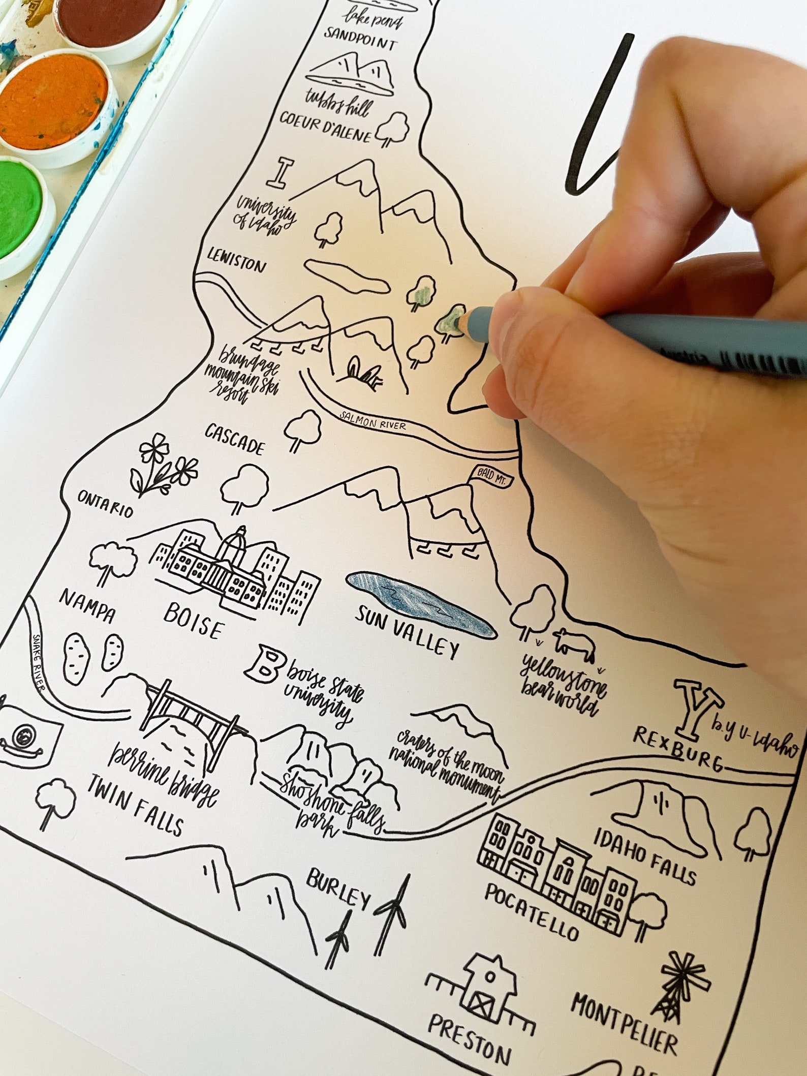State of Idaho Coloring Page DIGITAL DOWNLOAD- Idaho Illustrated Map ...
