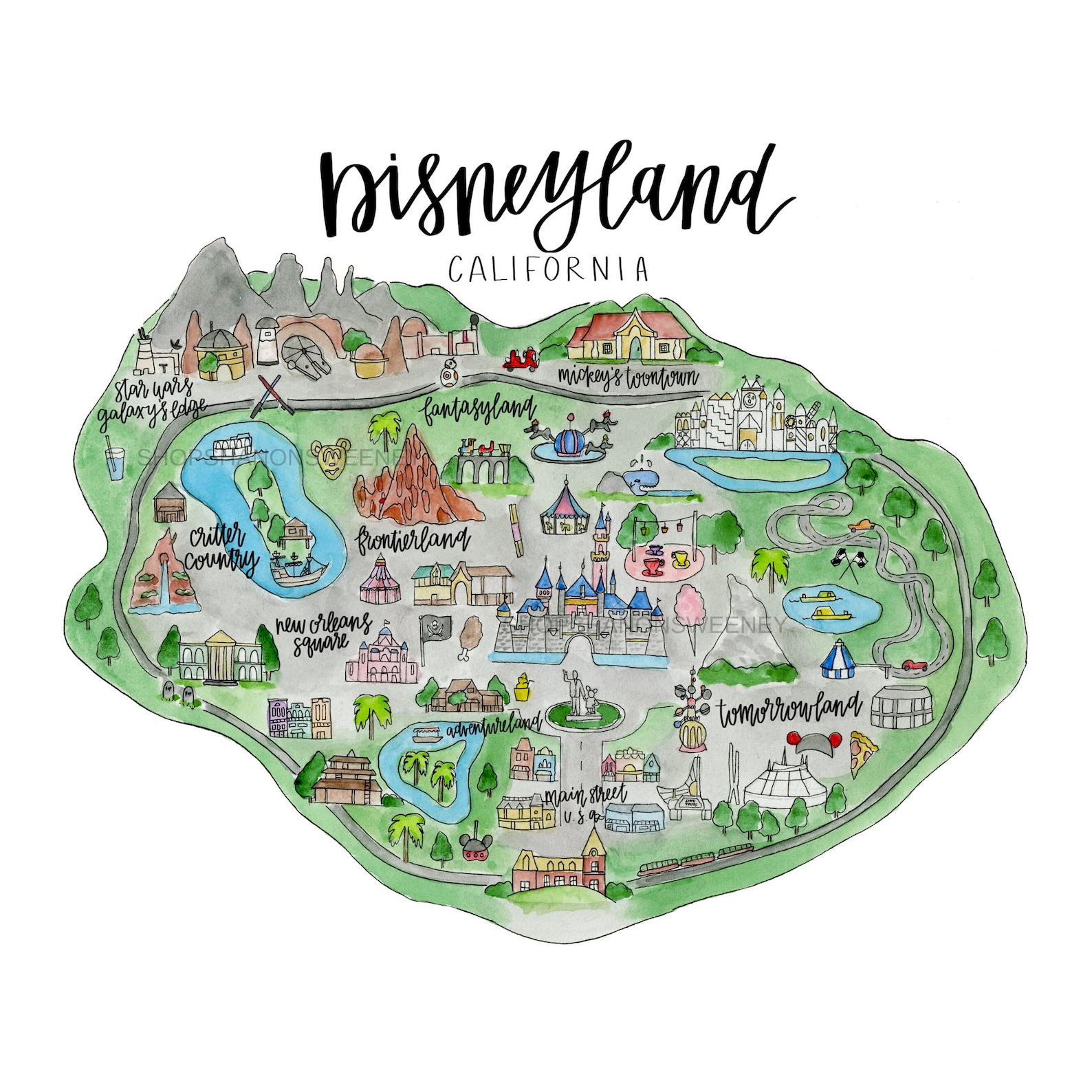 UPDATED Disneyland Illustrated Watercolor Map Print With | Etsy