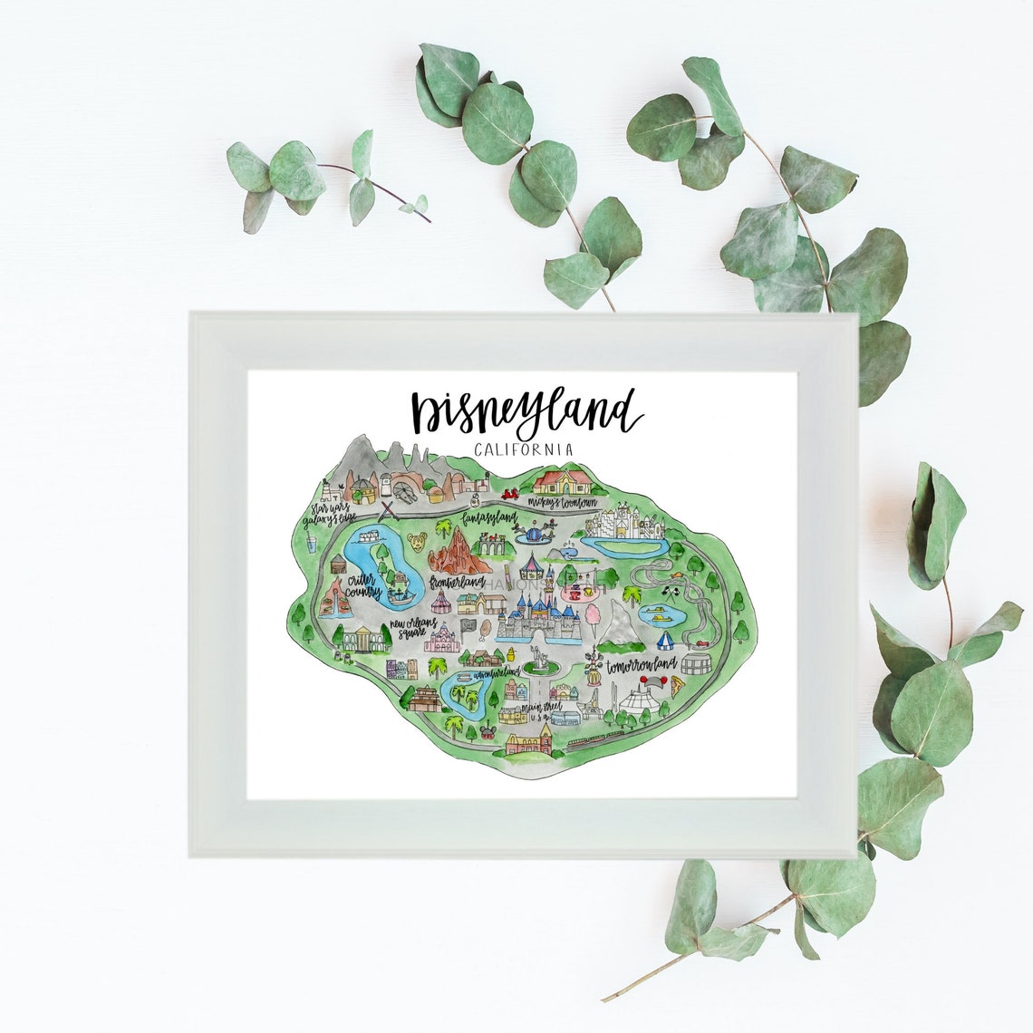 UPDATED Disneyland Illustrated Watercolor Map Print With - Etsy