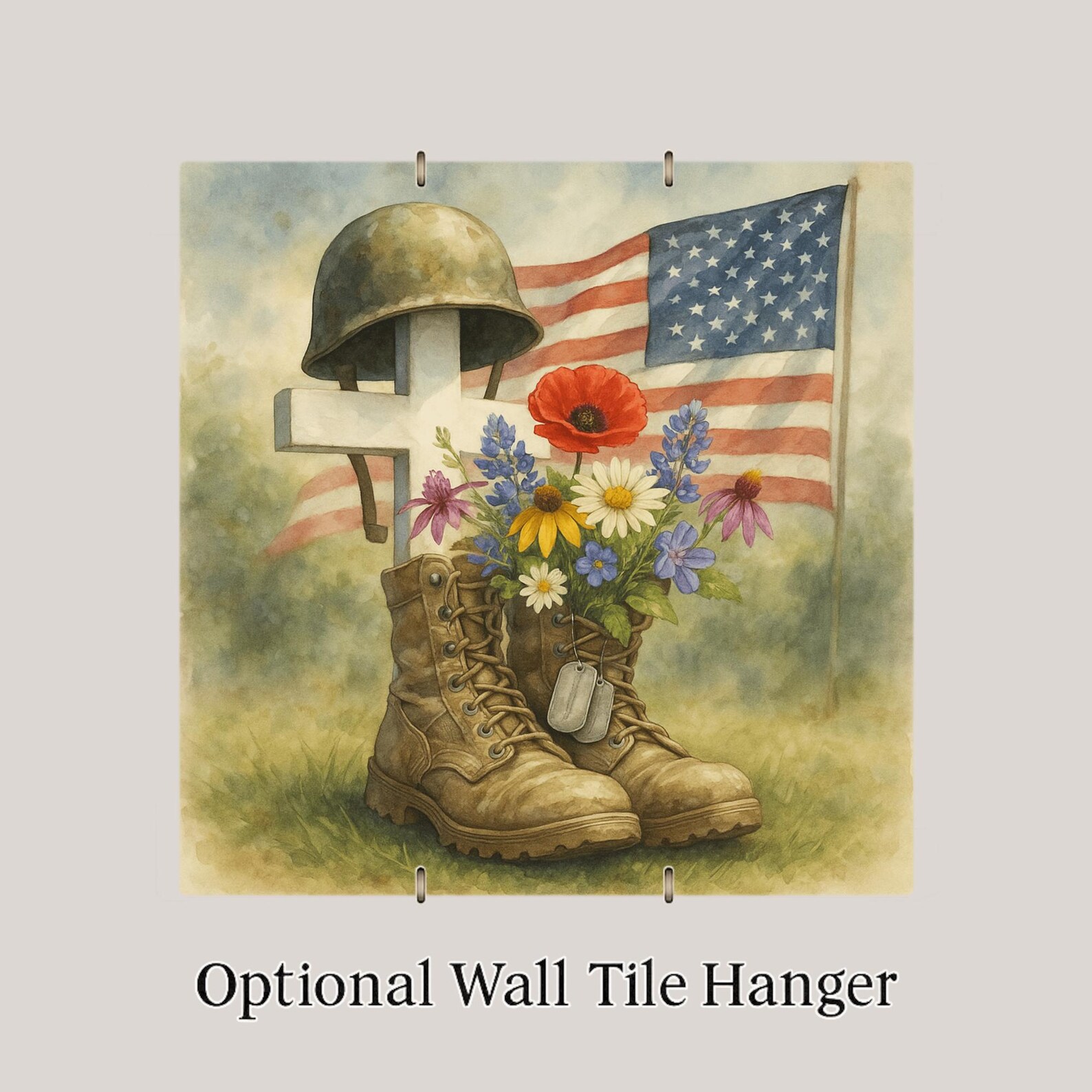 Patriotic Military Memorial Ceramic Tile: Flag, Boots & Cross Wall Art ...