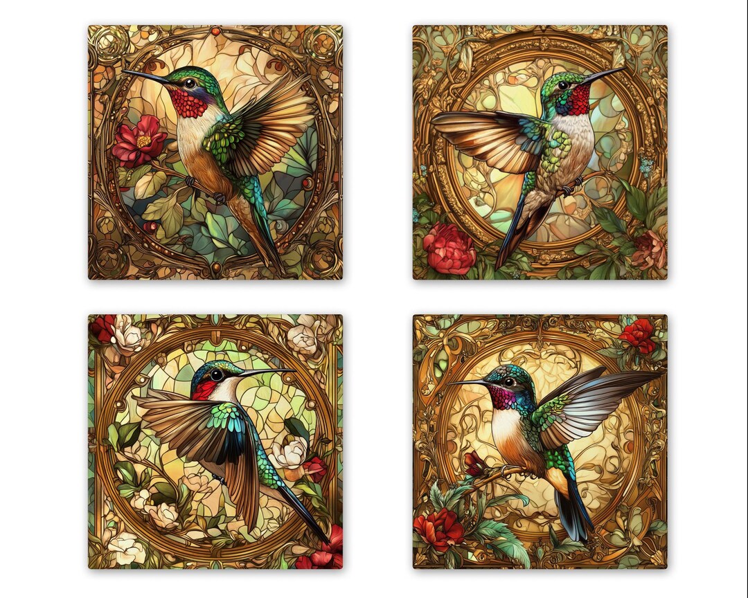Art Nouveau Hummingbird Tile Set: Alphonse Mucha Floral Trivets - Etsy