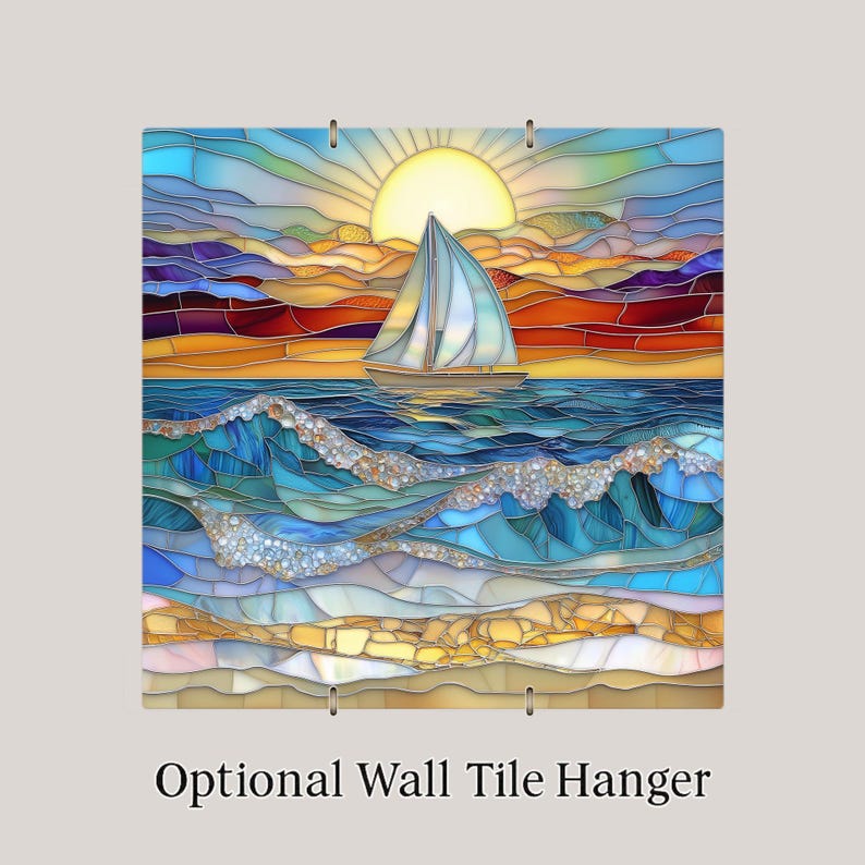 Sailboat Sunset Wall Art Ceramic Tile Stained Glass Style Coastal ...