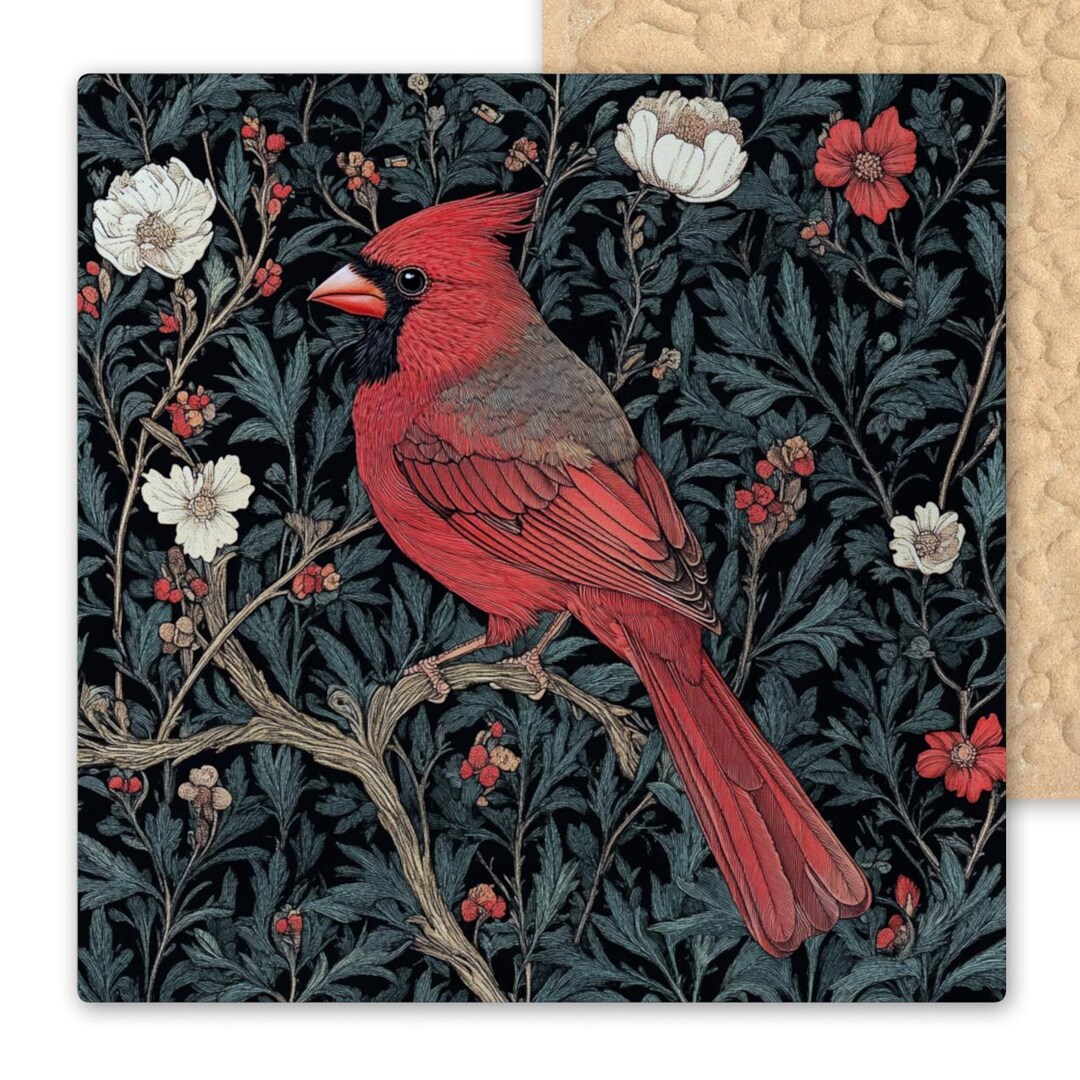 Red Cardinal Ceramic Tile Art: William Morris Inspired Woodland Decor ...