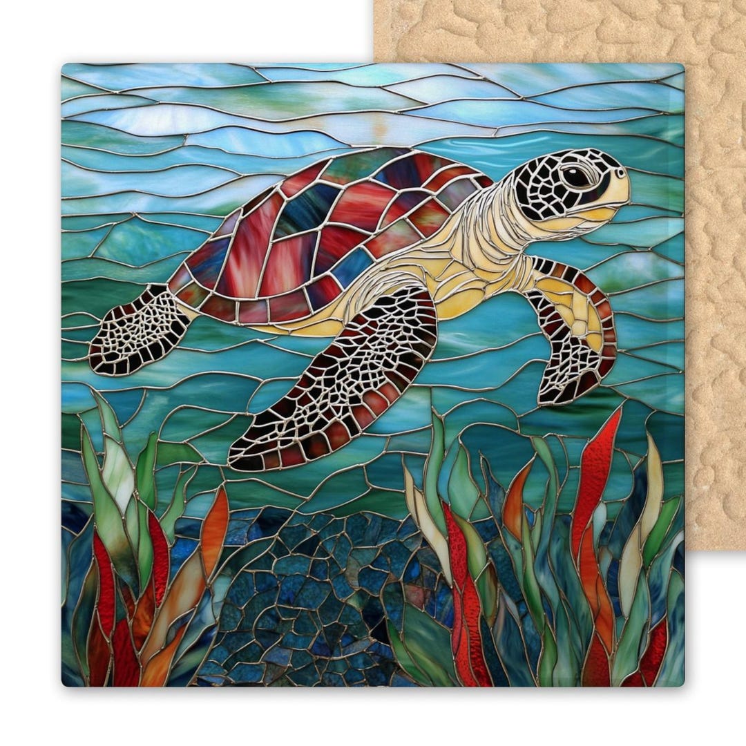 Handcrafted Sea Turtle Ceramic Tile Art: Ocean-inspired Stained Glass ...