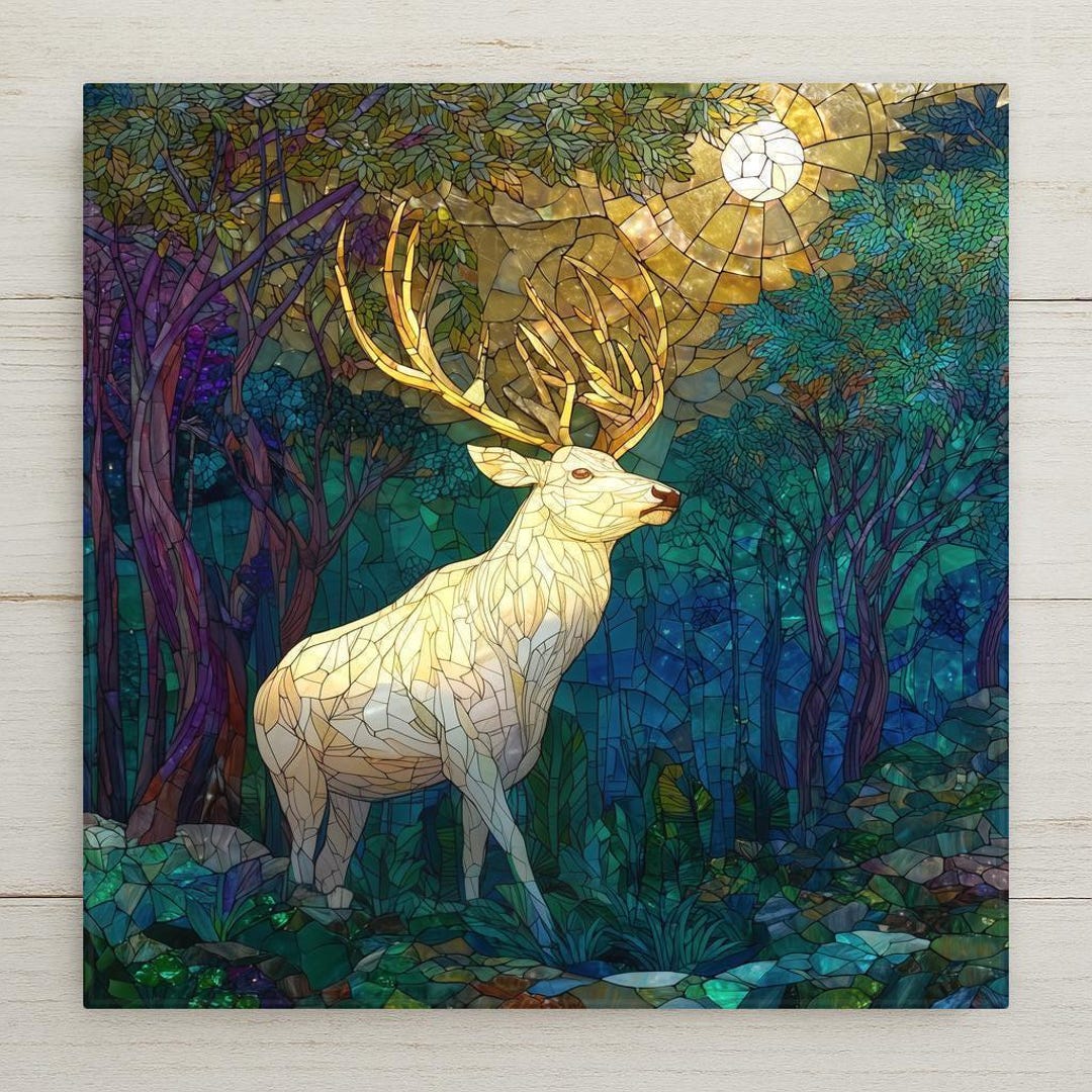 White Stag Ceramic Tile Wall Art – Stained Glass Forest Design, Nature ...