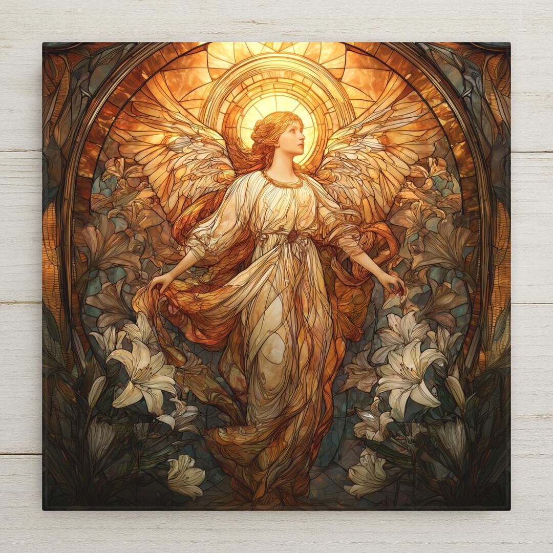 Stained Glass Angel Ceramic Tile Wall Art – Radiant Guardian Angel ...