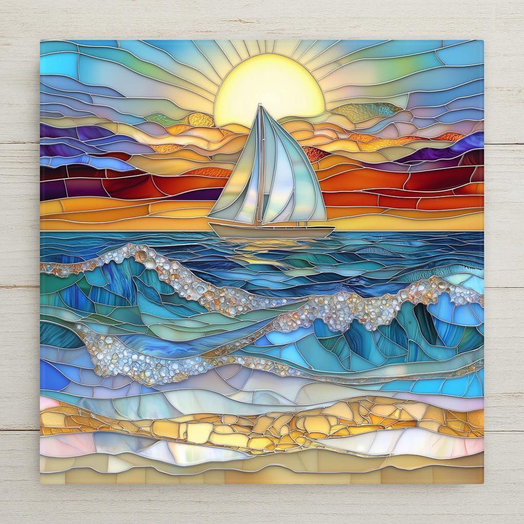 Sailboat Sunset Wall Art Ceramic Tile Stained Glass Style Coastal ...