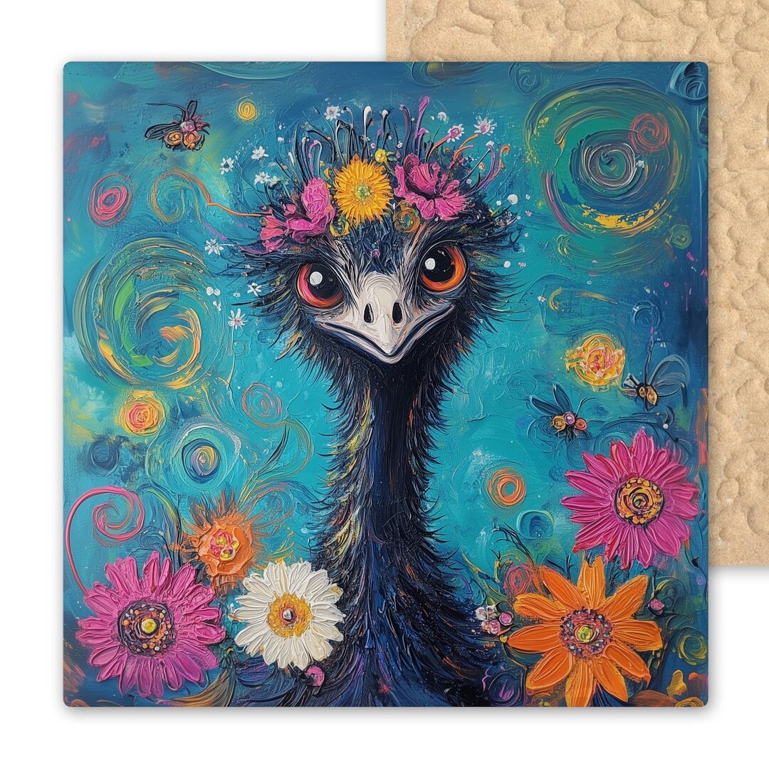 Whimsical Emu Ceramic Tile Art – Bright Floral Bird Wall Decor – Fun ...